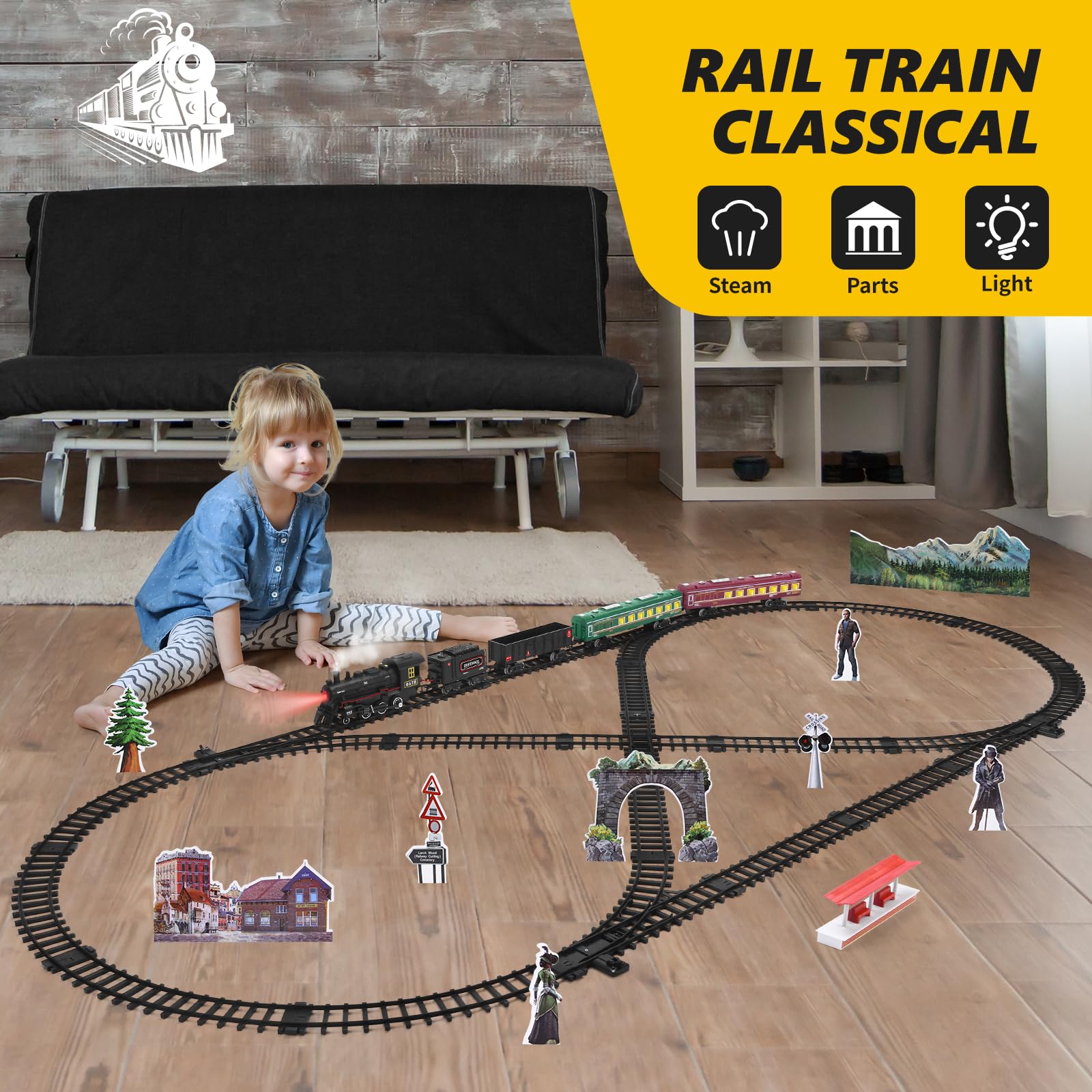 ROGALALY Train Set for Kids, Steam Locomotive Train w/Coal Car,Passenger Coach,Cargo Car & Long Tracks,Electric Train Railway Kits w/Smoke,Lights & Sound,Battery-Powered Train Toys Gift for Boys Girls