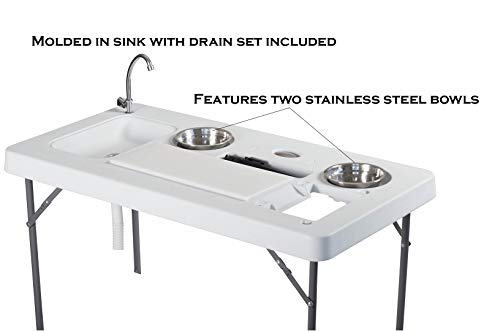 Old Cedar Outfitters Deluxe Fish Fillet Table, or Portable Folding Camping Kitchen with Cutting Board, Bowls, Knife, Odor Bar, Sink, Drain and More! 49.8" x 25.6" x 37.2", White,Camp