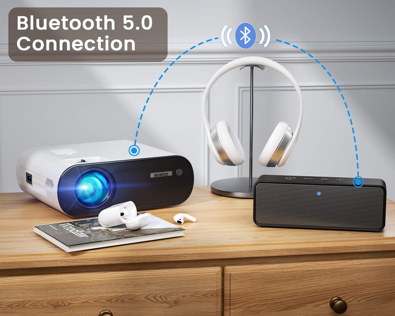 WiFi Bluetooth Projector, WiMiUS 2023 Top 1 Mini Projector with Carry Bag, Full HD 1080P & 300", Portable Projector for HDMI,VGA,USB,AV,Laptop,Smartphone