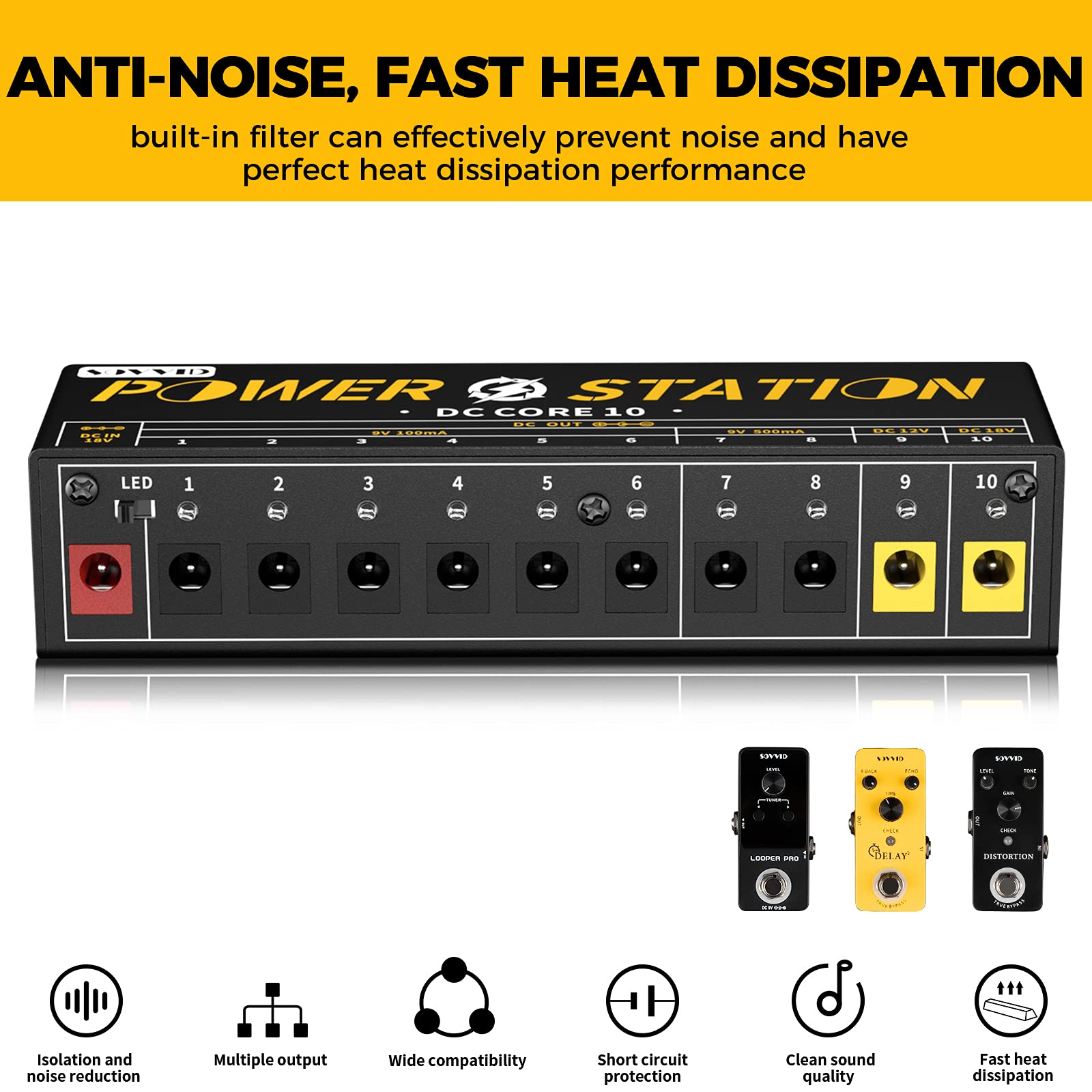 Sovvid Guitar Pedal Power Supply - 10 Isolated DC Output for 9V/12V/18V 100mA 500mA Effect Pedal Board Power Supply with Smart Short Circuit and Overcurrent Protection1