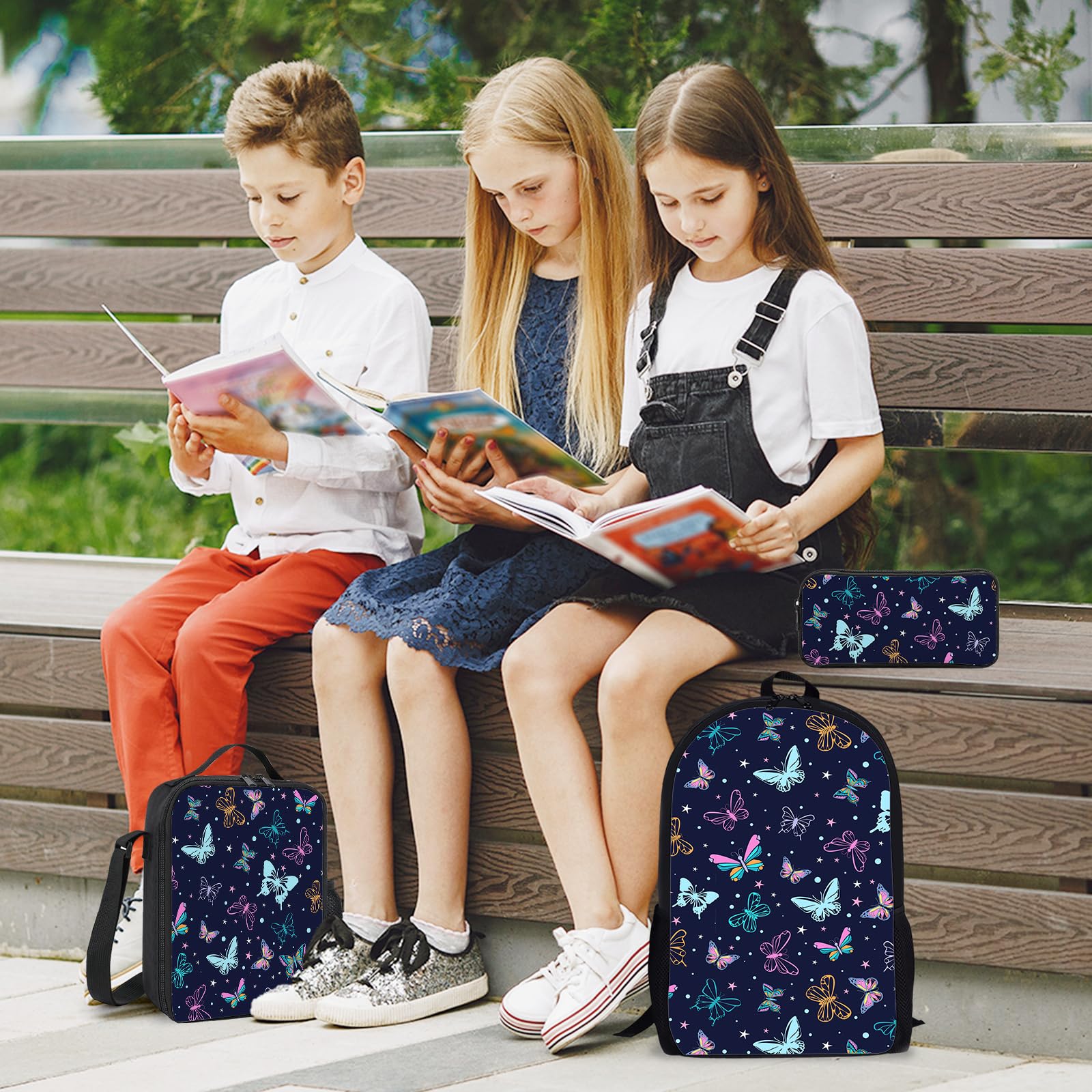 Ulbraofs Girls Backpack with Lunch Box Pencil Case, 3PCS School Backpack Set for Kids Teens, Elementary Middle School Bookbag for Boys Girls Student - Blue Butterfly