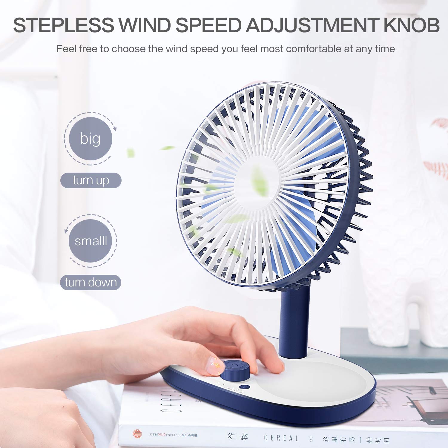 SmartDevil 6.5“ Small Desktop Fan, Personal Desk Fan With Storage Function, 2600mAh Battery Operated Table fan, Smart Timing Function, Stepless Speed Regulation, for Home, Office, Bedroom, Blue