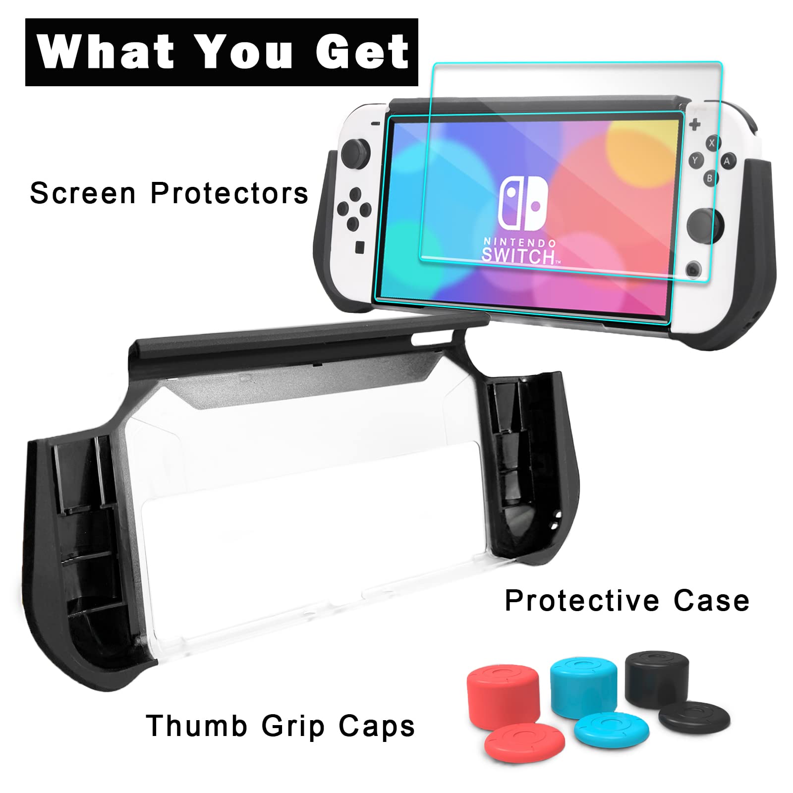TIKOdirect Dockable Case for Nintendo Switch OLED (2021), TPU Grip Protective Cover Case Accessories with Screen Protectors and Thumb Grip Caps for Switch OLED Console and Joy-Con Controller, Black