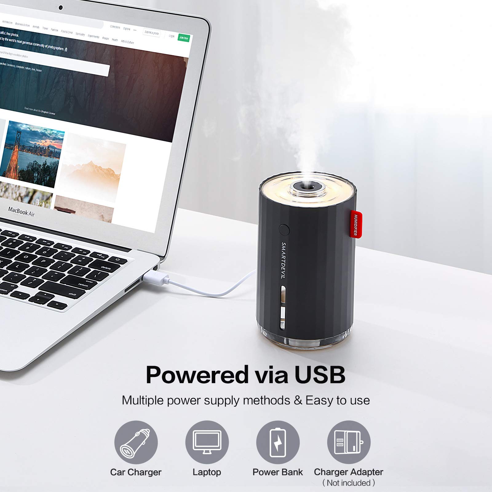 SmartDevil Mini Humidifier, Small Desk Humidifier, USB Personal Humidifiers with 2 Mist Modes, Whisper Quiet, Shut-Off for Bedroom, Plants, Baby Room, Office and Car (Black)