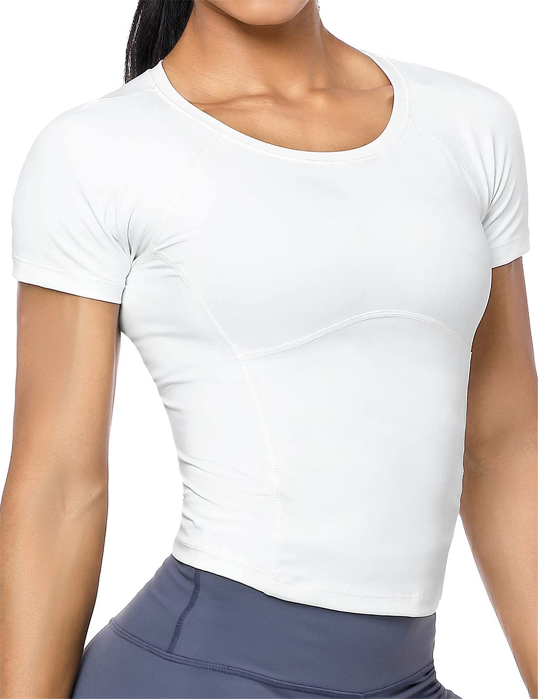 Workout Crop Tops for Women Short Sleeve Workout Shirts for Running Gym Yoga Athletic Exercise White