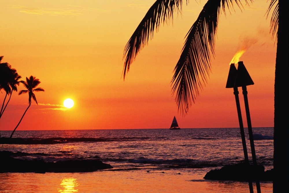 Posterazzi Hawaii Big Island Kohala Waiulua Bay Orange Sunset With Palm Trees Sailboat And Tiki Torches Poster Print, (38 x 24)