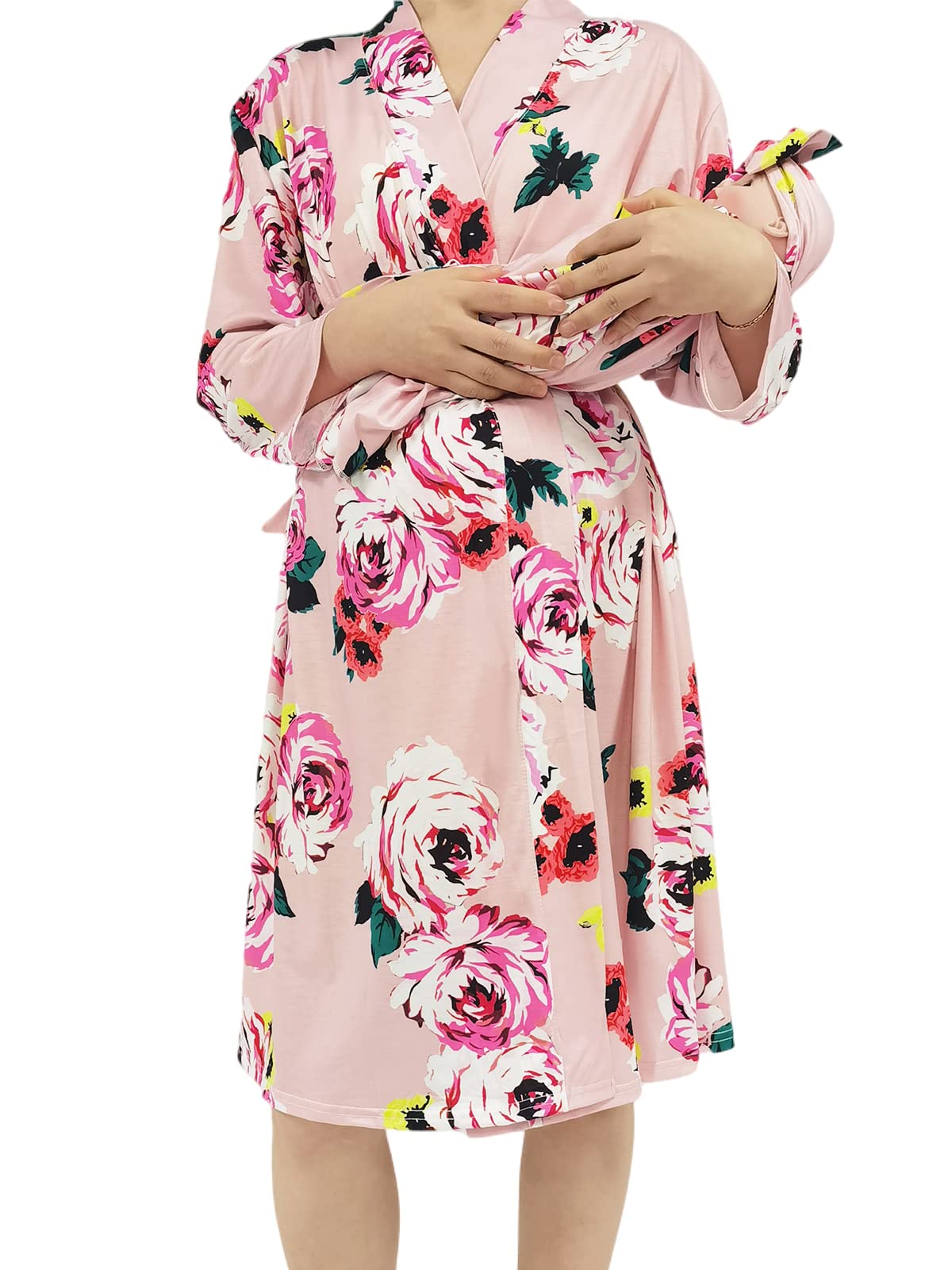 SUFEINI Maternity Robes and Matching Swaddle Blanket Set, Women Mommy Postpartum Robe Hospital Labor and Delivery Gown