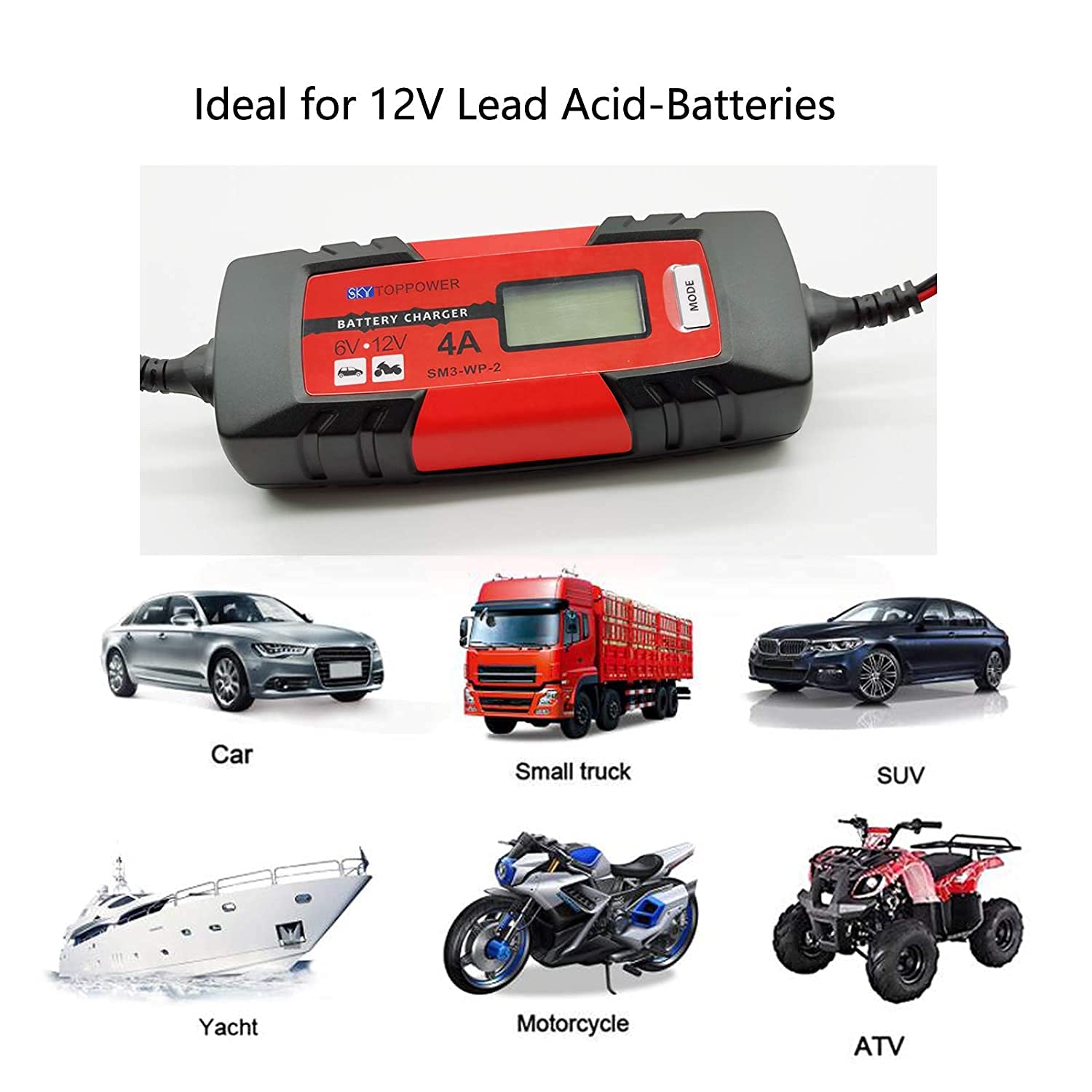 SKY TOPPOWER Battery Charger 6V/12V 4A Smart Battery Maintainer, with LCD Display,Fully Automatic Trickle Charger for Automotive Car Motorcycle, Lawn Mower,Motorcycle, Boats.
