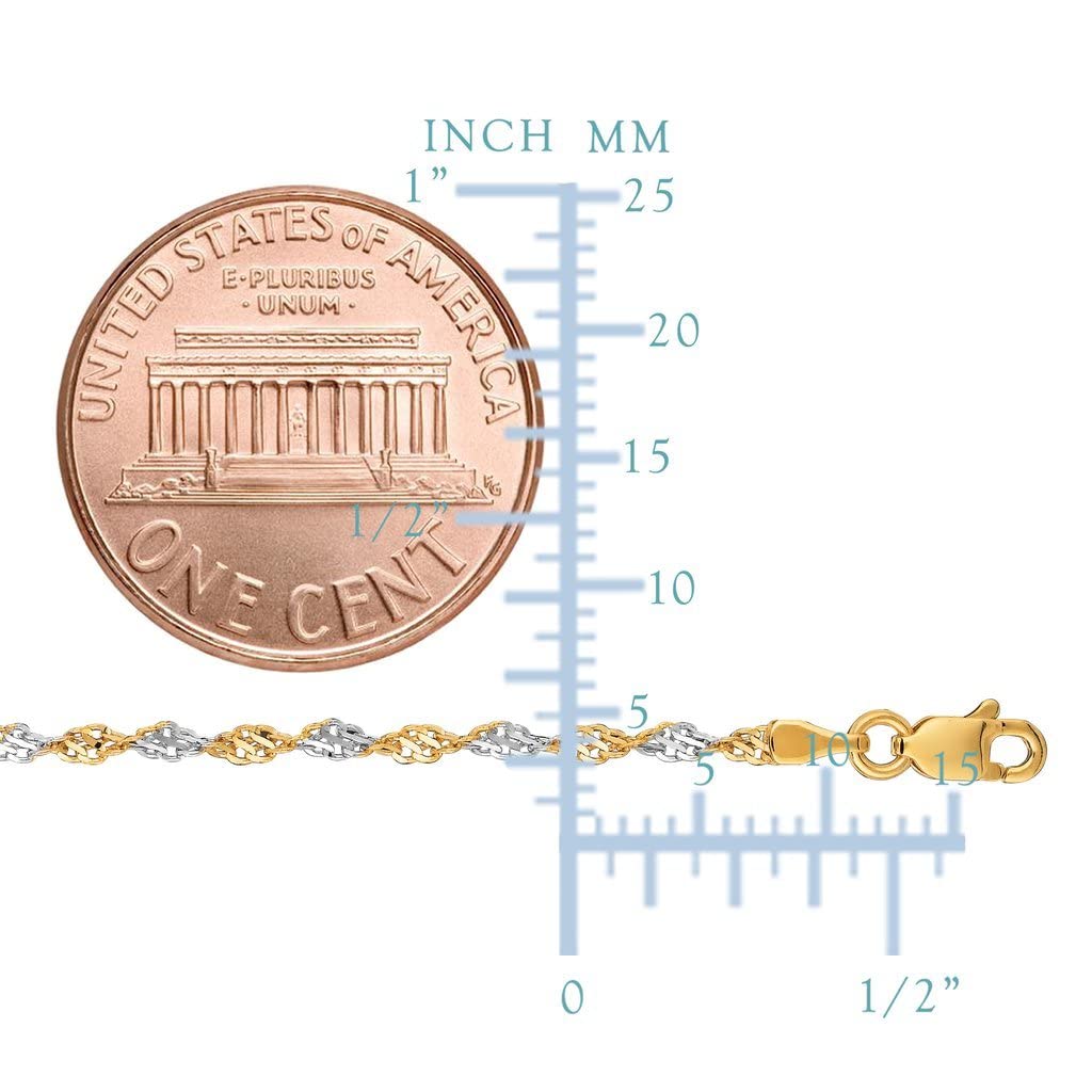 The Diamond Deal Women’s 14k White-and-Yellow-Gold, 2.00mm Shiny Diamond-Cut Classic Singapore Chain Necklace for Pendants.