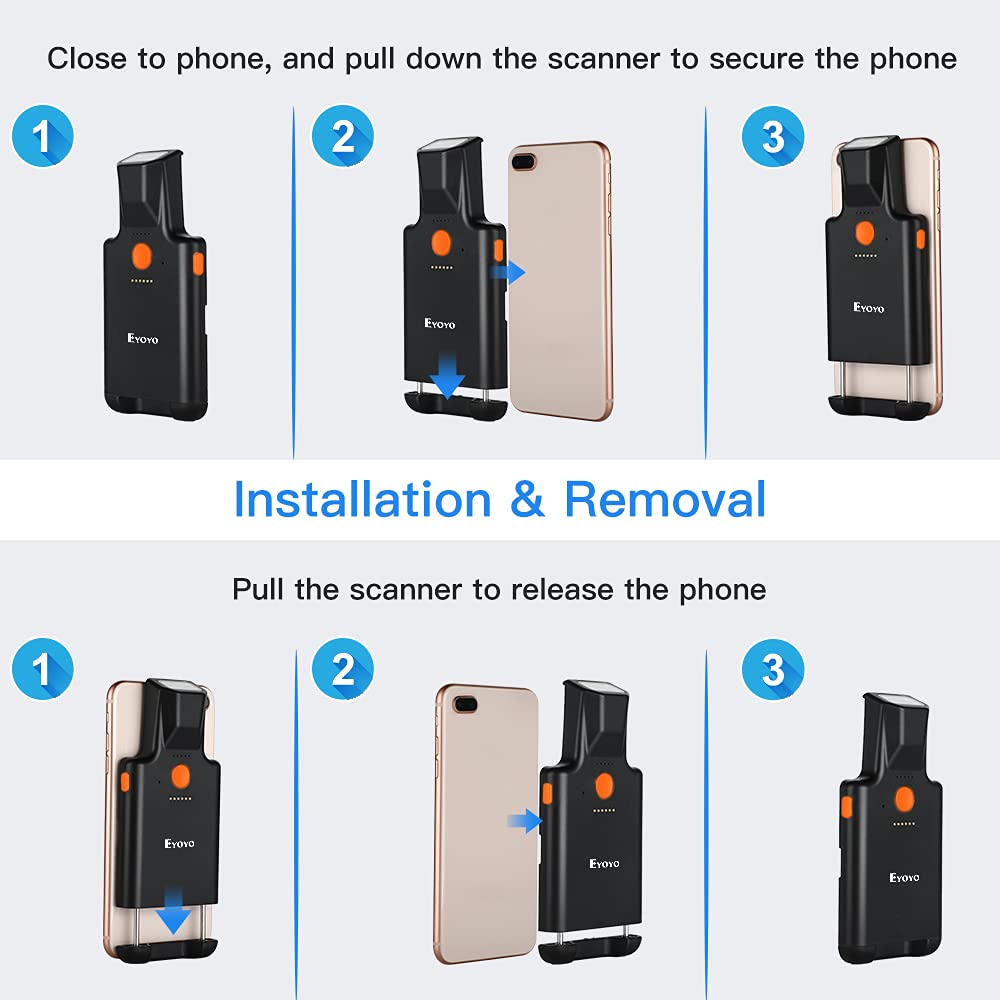 Upgraded Eyoyo 1D Linear Back Clip Bluetooth Barcode Scanner,1600mAh Rechargeable Battery, Fast and Precise scanning,Compatible with Android,iOS for Warehouse Inventory Book Store Library
