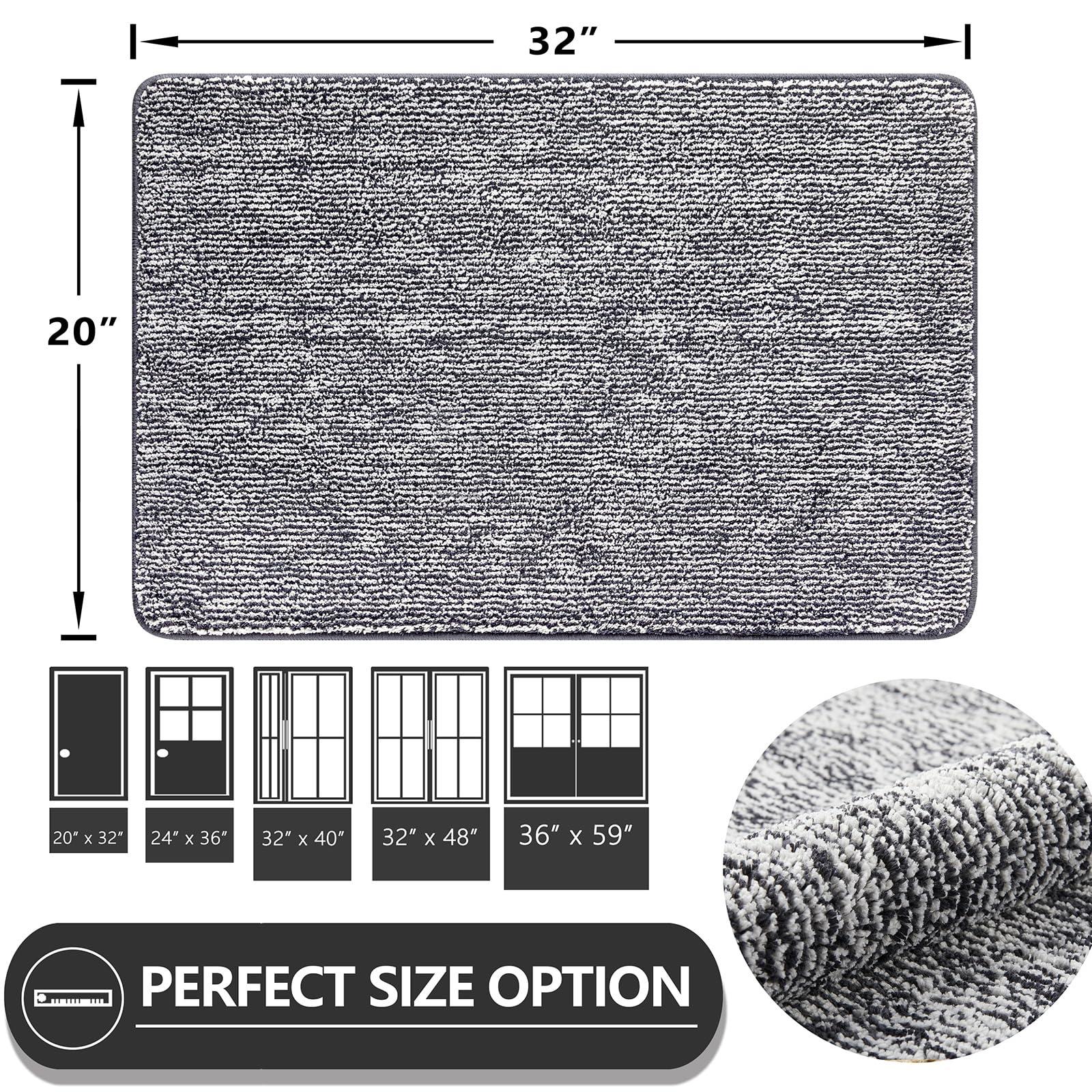 REFETONE Indoor Doormat, Front Door Mat 20"x32" Absorbent Rubber Backing Non Slip Back Door Mats, Machine Washable Low-Profile Entry Rug, Resist Dirt Inside Floor Mat Door Rugs for Entryway, Dark Grey