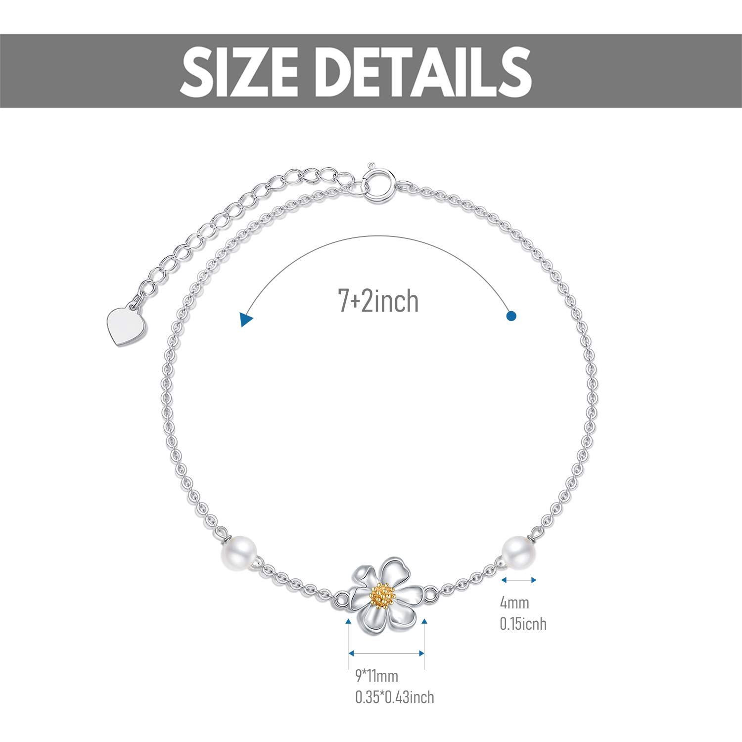 Yafeeso Solid 14K White Gold Daisy Bracelet for Women Daisy Flower Link Bracelet Daisy Jewelry Anniversary Birthday Gifts for Her, 6.5+2 Inch