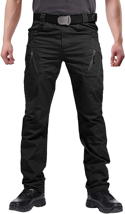 Susclude Men's Tactical Pants Stretch, 9 Pockets Rip Stop Lightweight Cargo Work Military Trousers Outdoor Hiking Pants Black 32Wx32L