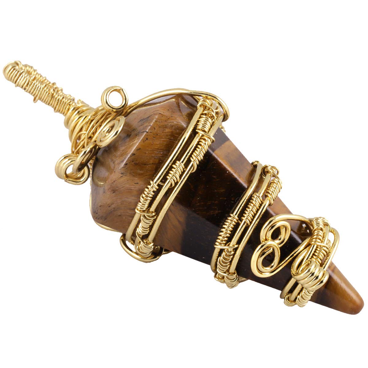 SUNYIK Handmade Wire Wrapped Conical Pendant Necklace for Women Men, Reiki Healing Faceted Hexagonal Crystal Point Pendant for Unisex, Tiger's Eye