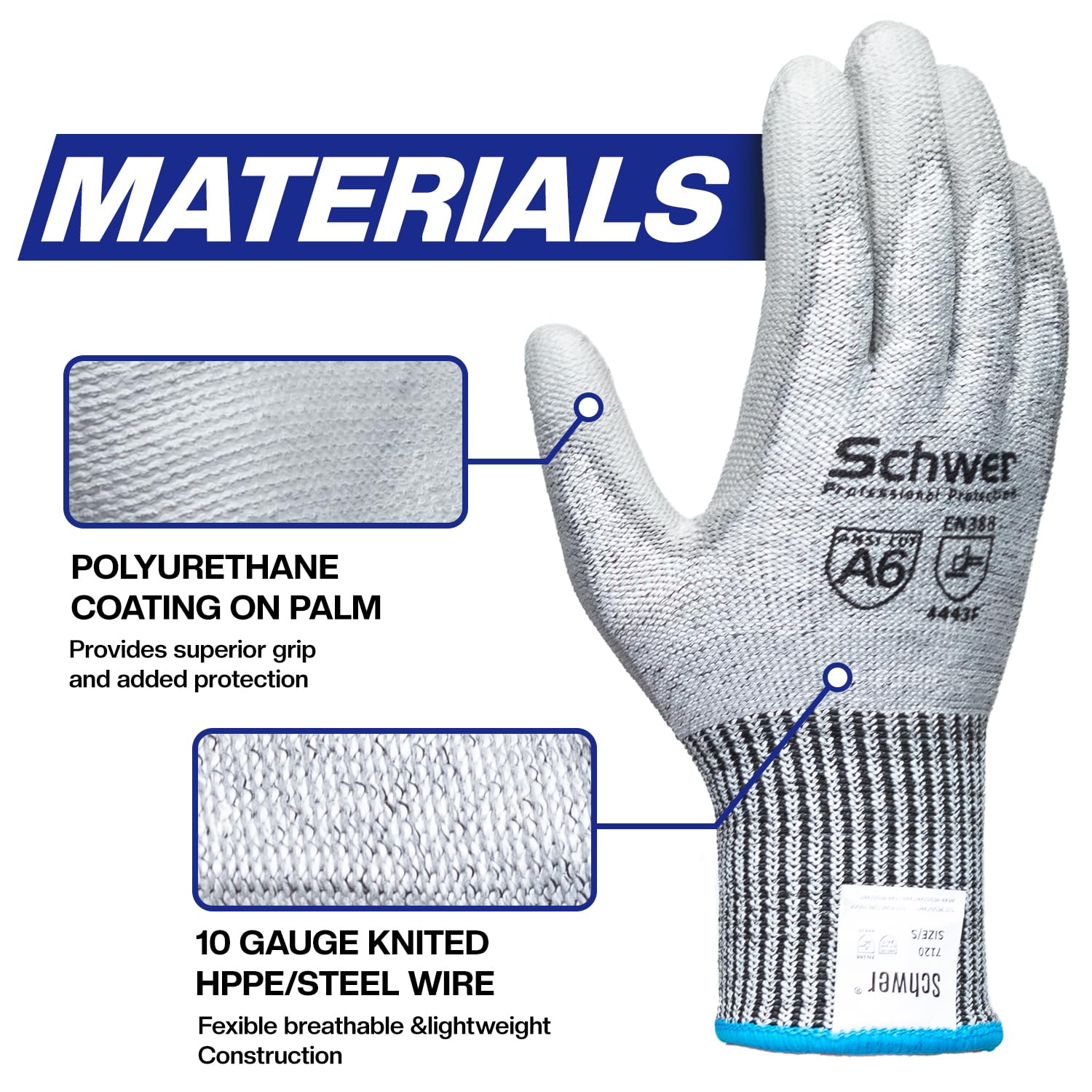 Schwer 3 Pairs AIR-SOFT Cut Resistant Gloves AR7120 ANSI A6 Cut Proof Work Gloves, Touchscreen, for Men and Women Used for Woodworking, Glass Cutting, Construction, Cargo Handling, Car Repair(L)