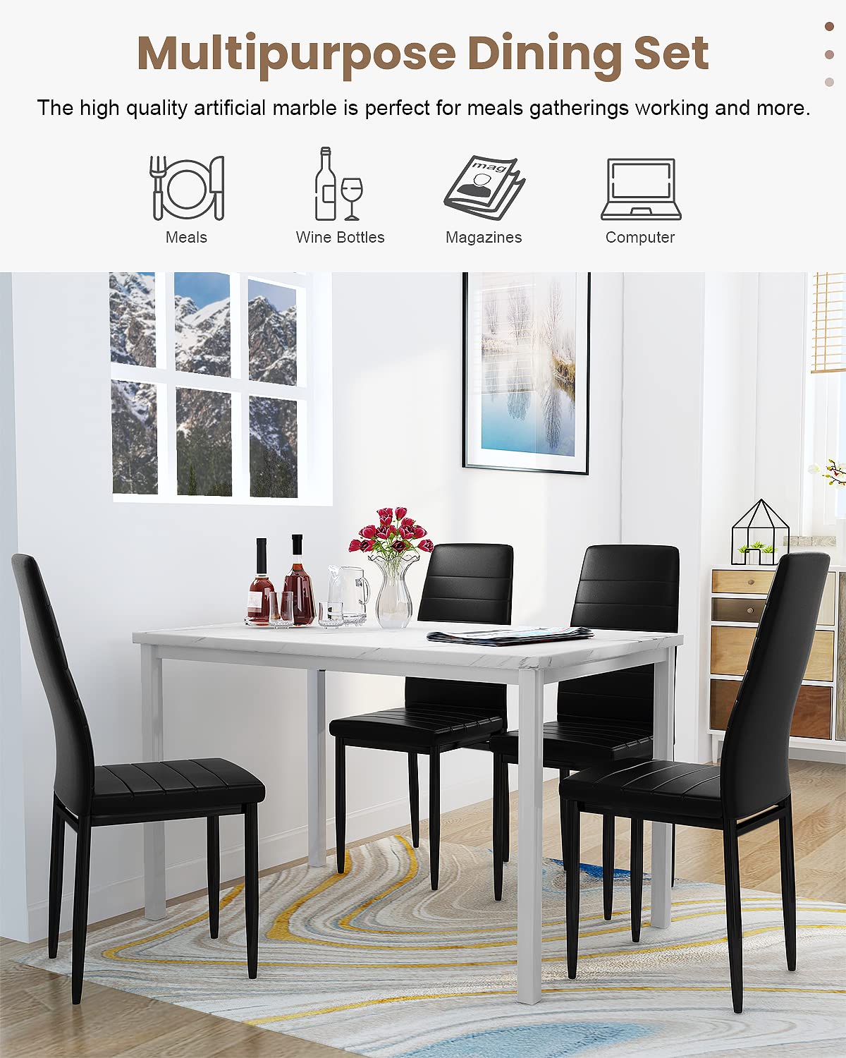 Recaceik Dining Room Table Set Modern Dining Table Set for 4 Kitchen Table and Chairs Faux Marble Dinner Table & 4 PU Leather Upholstered Chairs Dinning Table Sets for 4 Kitchen & Dining Room Sets