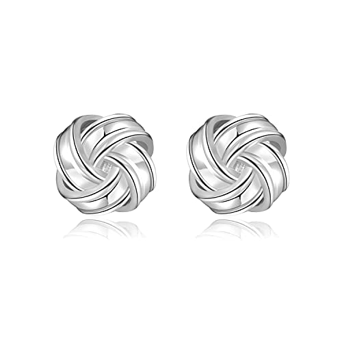 White Gold Plated Knot Stud Earrings | Hypoallergenic Ear Stud, Classic Small Love Knot Earrings for Women