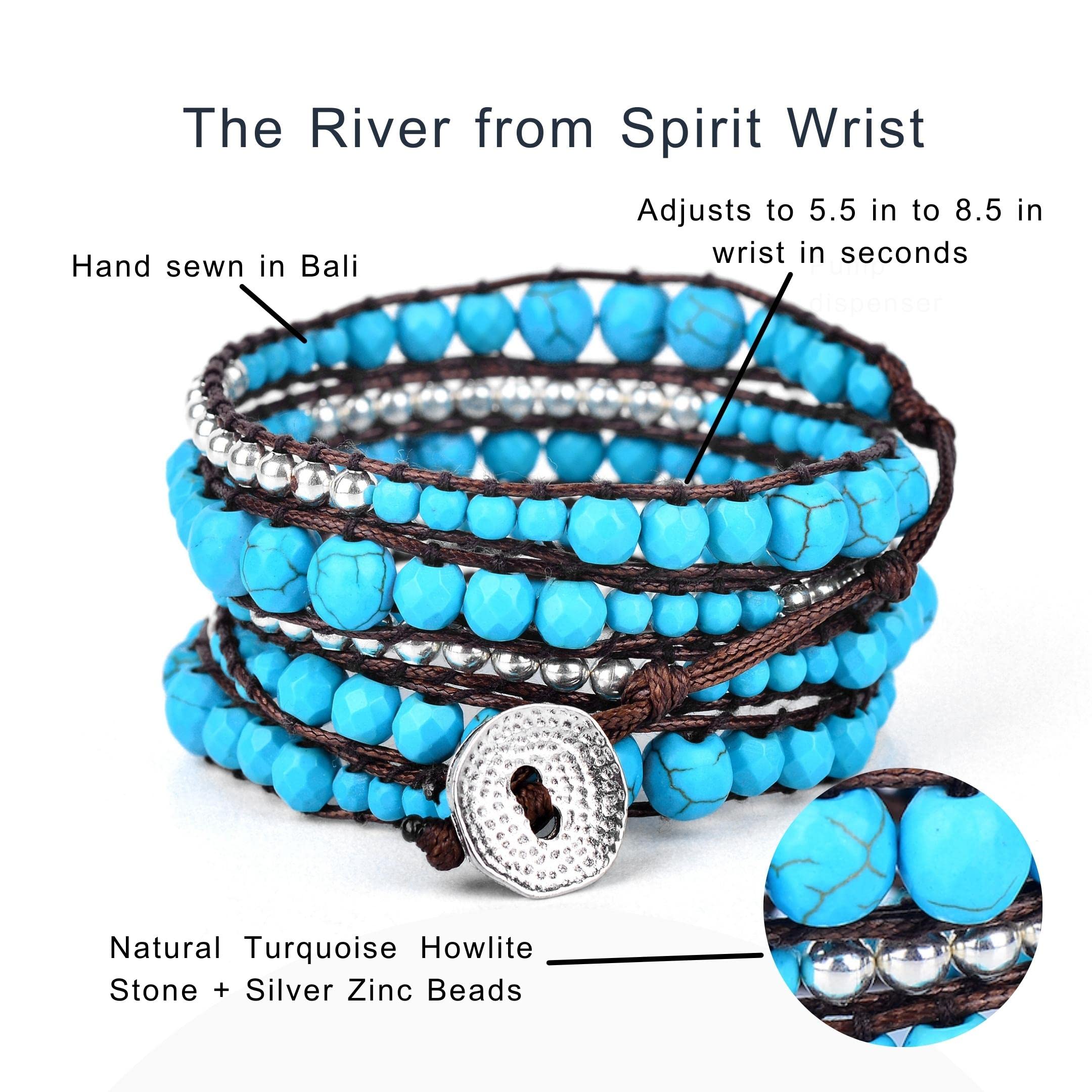 spirit wrist Turquoise Bead + Silver Zinc River Boho Wrap Bracelet