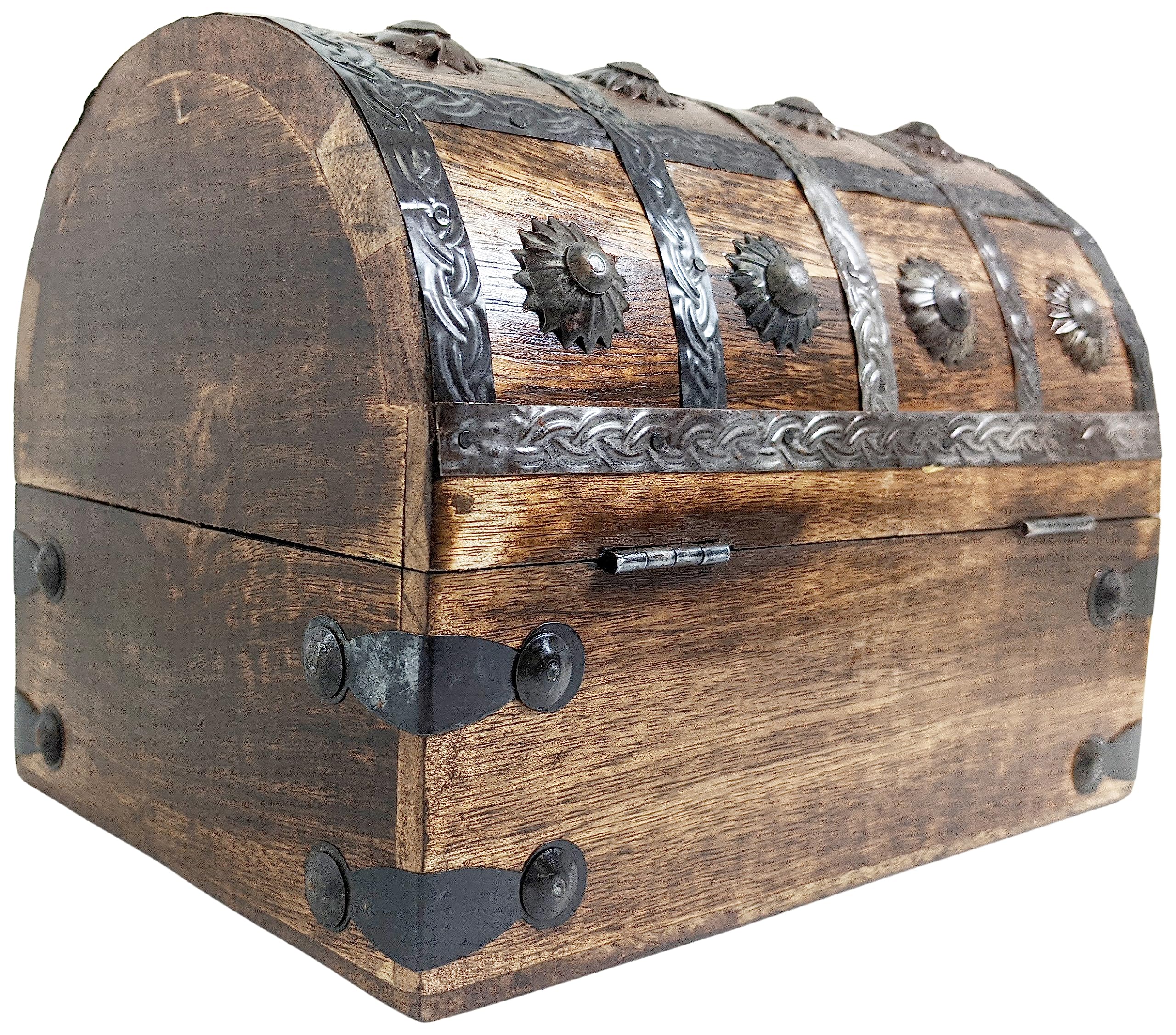 SciencePurchase Pirate's Treasure Chest Wooden Nautical Jewelry Box with Functional Lock and 2 Keys, Wood with Iron Accents, Hinged Lid, 8 Inches Long