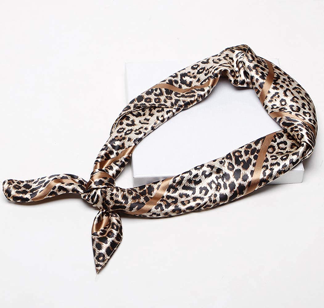 woogwin 2 Pack 35" Satin Silk Like Hair Scarf Bandana Light Head Wraps Neck Face Scarves Cover for Women (2pcs Leopard Coffee)