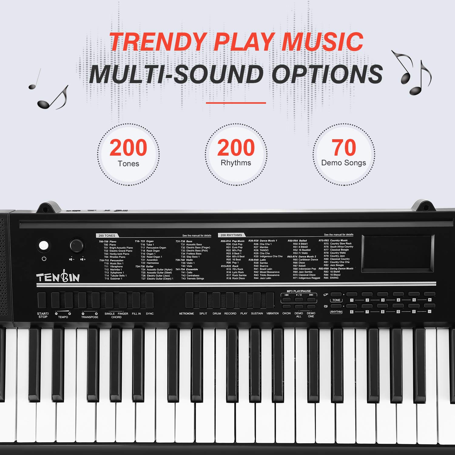 TENB 61 Keys Electronic Keyboard Portable, Educational Standard Piano Keys,Include a Music Stand, USB Cable,Microphone,Built-in Lithium Battery,Full-Size Keys for Beginners