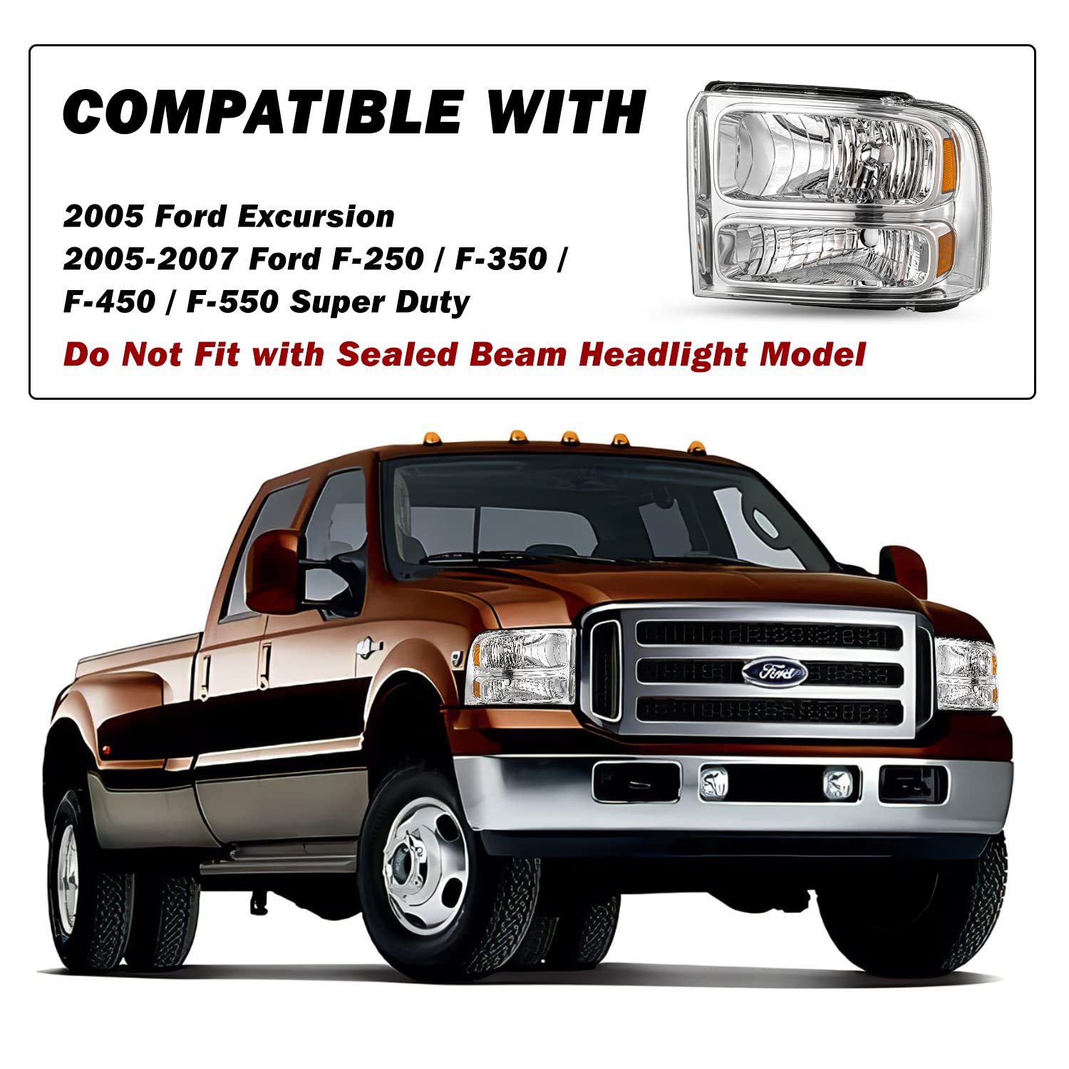 SOCKIR Headlight Assembly Compatible with 05 06 07 Ford F250 F350 F450 F550 Super Duty / 2005 Ford Excursion Driver and Passenger Side (Chrome Housing & Amber Reflector)