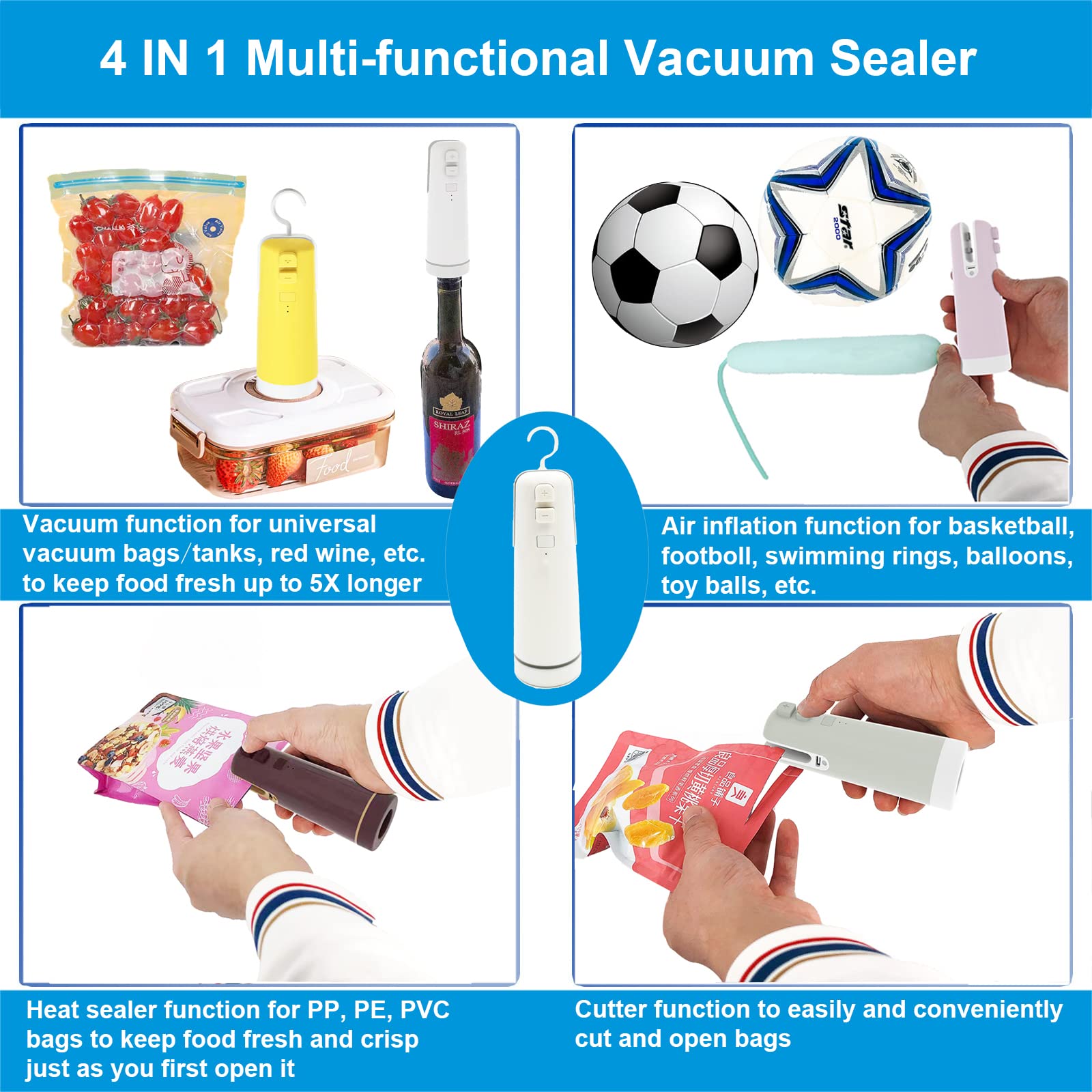 Rechargeable Handheld Vacuum Sealer Machine,4 IN 1 Heat Sealer Cutter Inflation Tool,Portable Mini Food Bag Saver Packing Sealing System for Jars Meat Storage Chamber Chips Snacks(White)