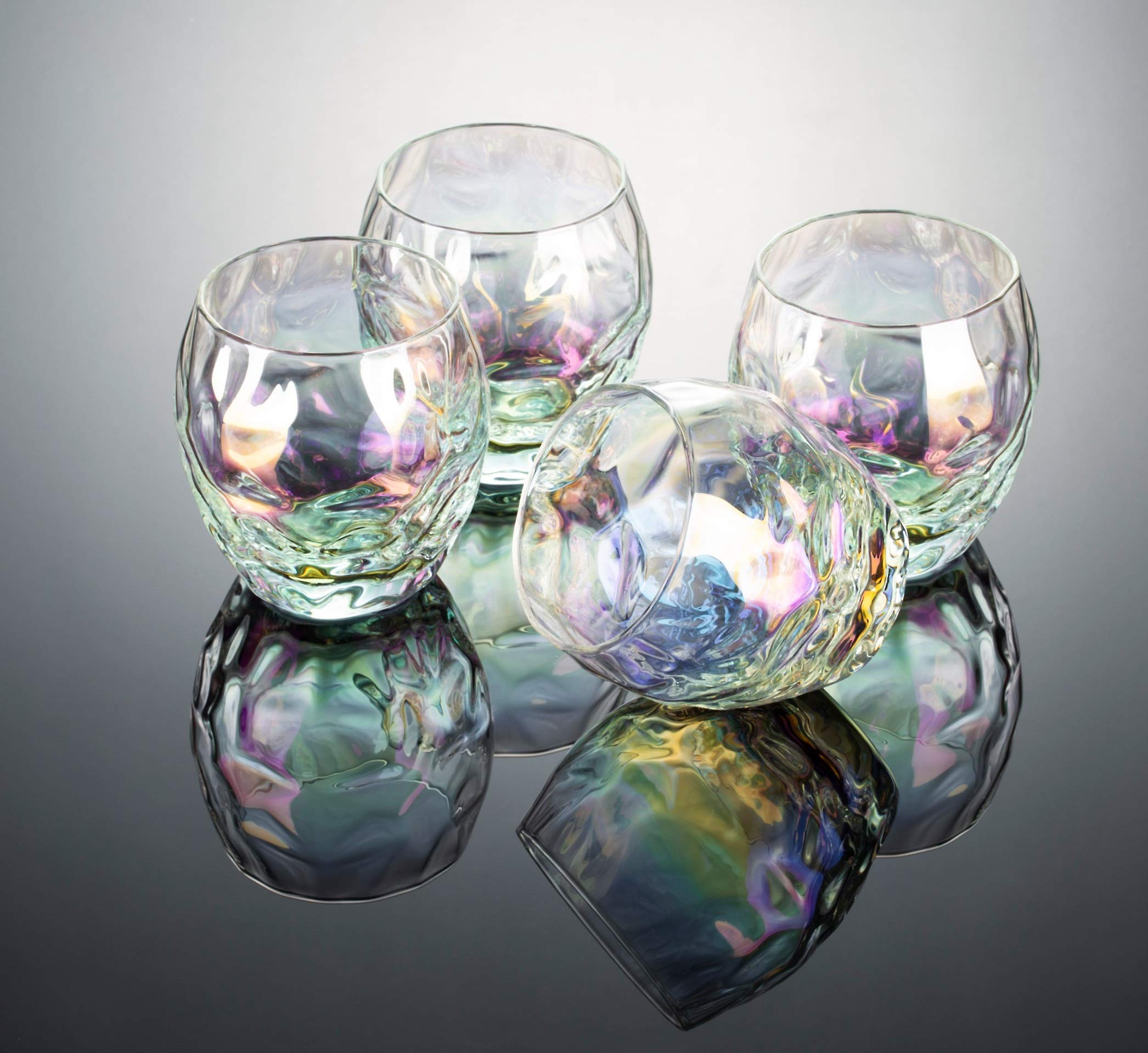 Verolux Iridescent Whiskey Glasses - Scotch, Bourbon, Liquor and Cocktail Drinks - Rainbow-colored, Premium Crystal Glasses, Thick Heavy Base - Set of 4, 12 oz
