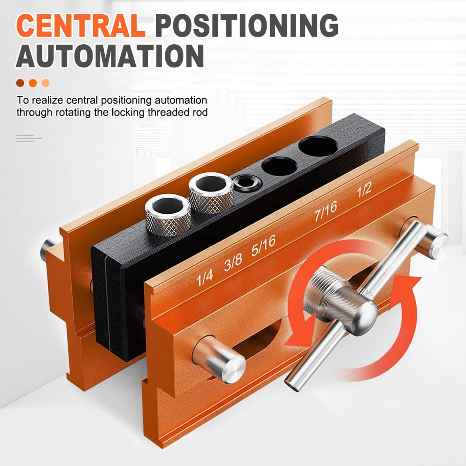 Self Centering Dowel Jig Kit Aluminum Alloy Center Doweling Drilling Guide Bushings Set Punch Locator Joints Tool Anodized Orange Surface 4 Holes Drill Positioner for Woodworking