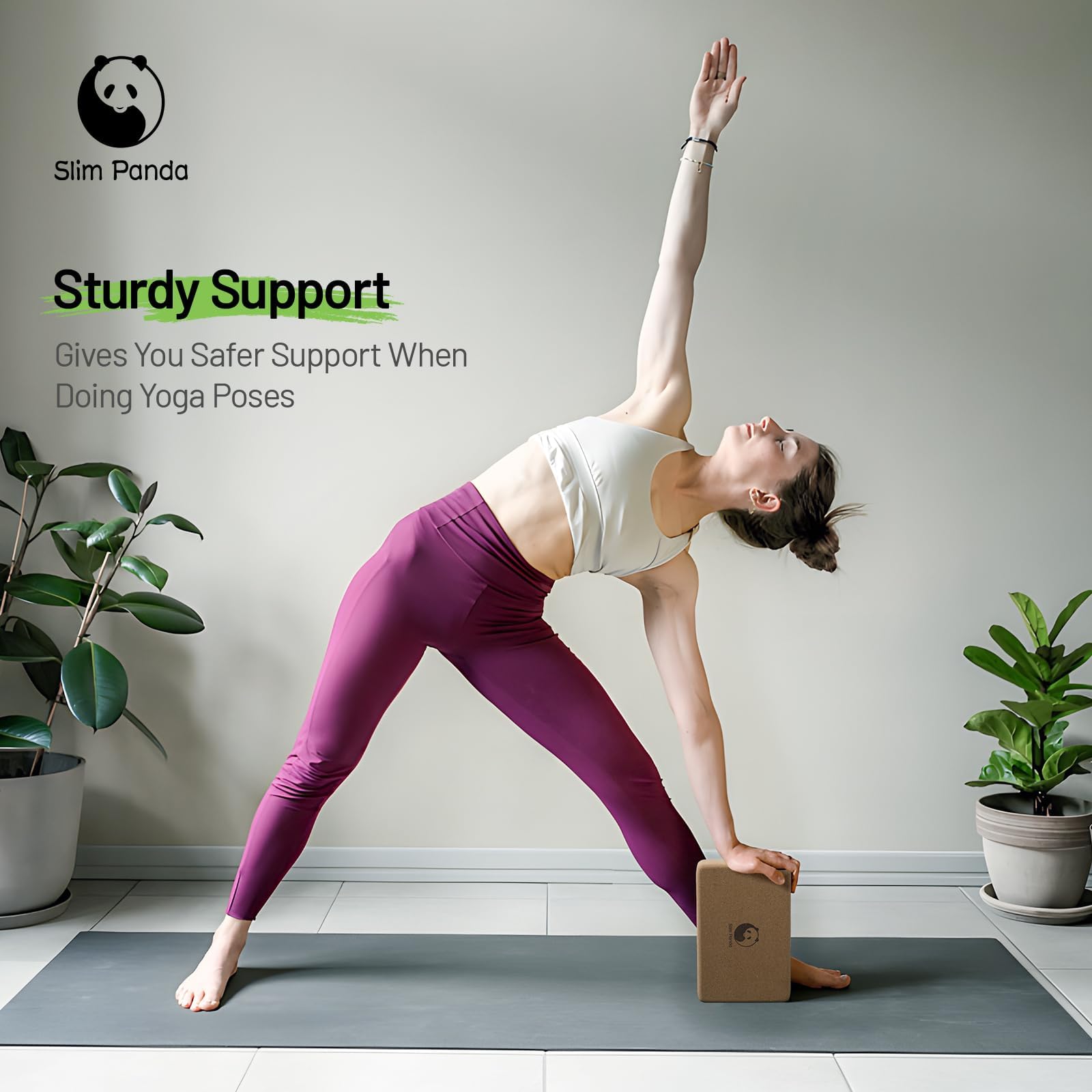 Slim Panda Cork Yoga Blocks 2 Pack, High Density, Natural, Lightweight, Non-slip, Eco-Friendly, with Strap, 9'x6'x3'