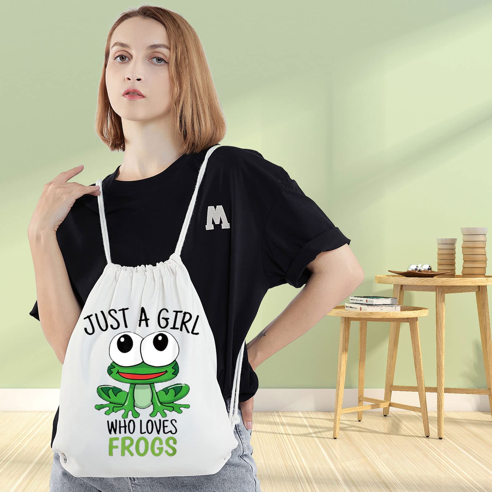 WZMPA Funny Frogs Drawstring Backpack Frog Lover Gift Just Who Loves Frogs Drawstring Travel Bag Animal Lover Gift (Loves Frogs)