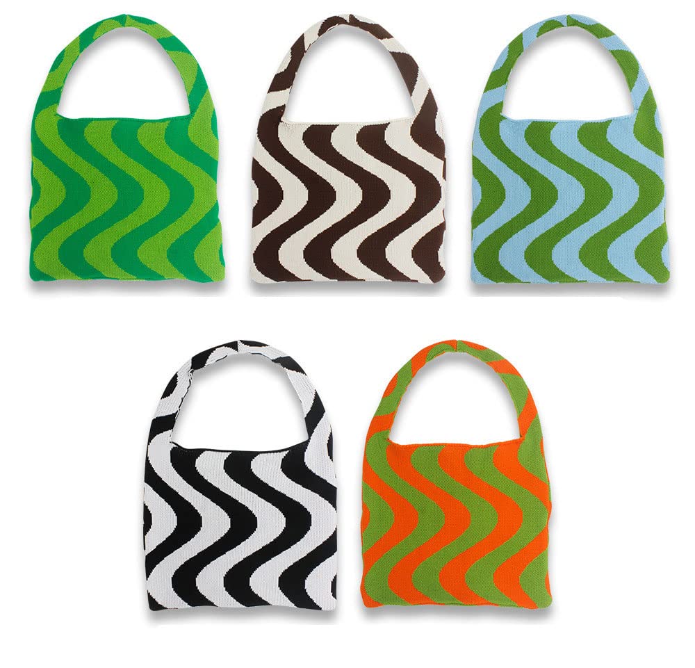 Woven Tote Bag, Knitted Messenger Bag Wavy Striped Shoulder Bag Underarm Colorblocking Women'S Bag (orange green)