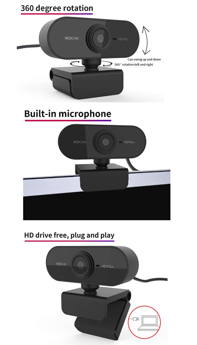 Outrip 1080p HD Webcam, Noise Reduction Microphone Stream Webcam,HD USB Webcam for PC Desktop Laptop,Used for Video Calling, Conference, Recording, Gaming, Studying with Rotatable Clip