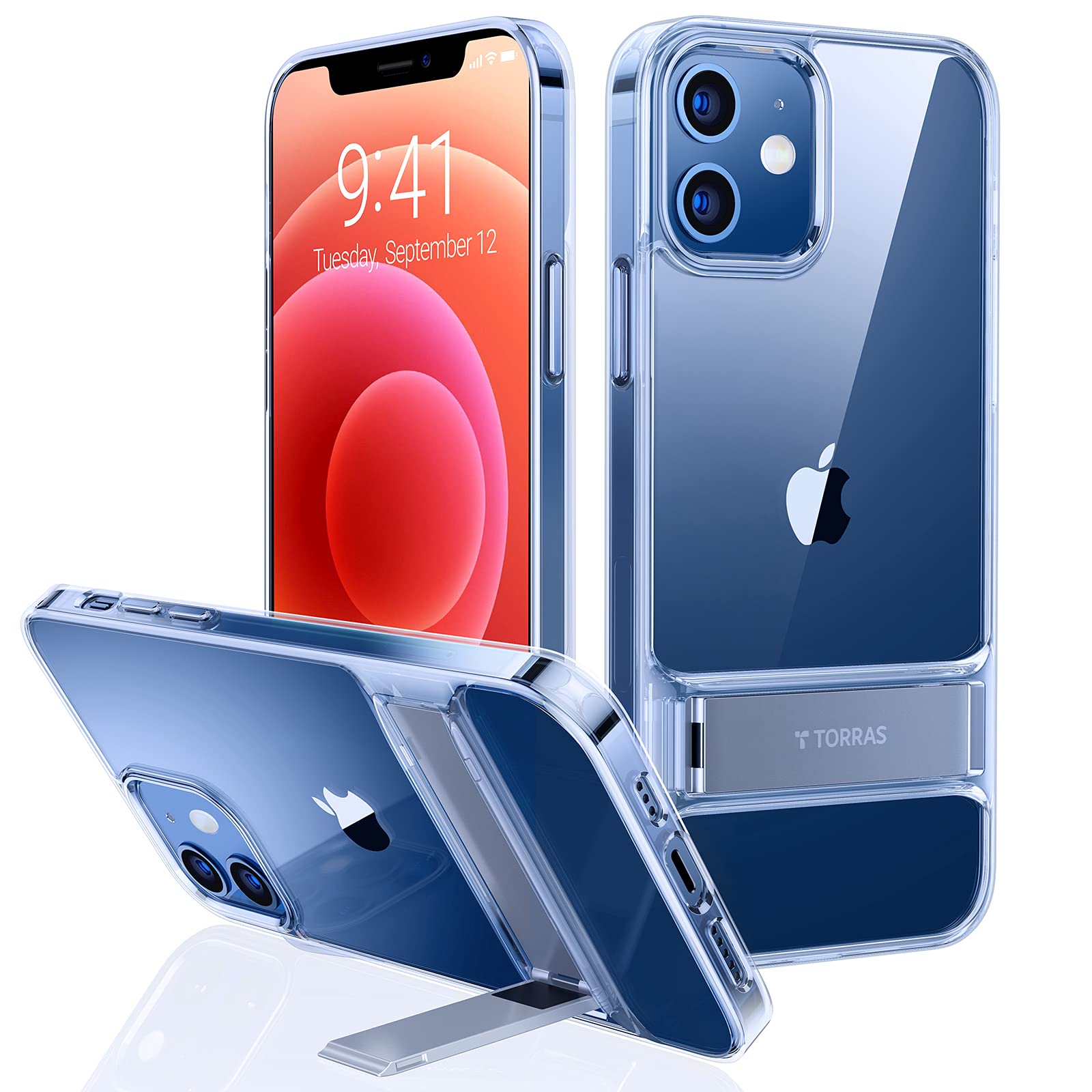 TORRAS 𝑻𝑶𝑹𝑹𝑨𝑺 MoonClimber Designed for iPhone 12 Mini Case [5X Military Armor-Level Shockproof] [3 Stand Ways] with Adjustable Metal Kickstand Slim Clear Stand Case, Clear