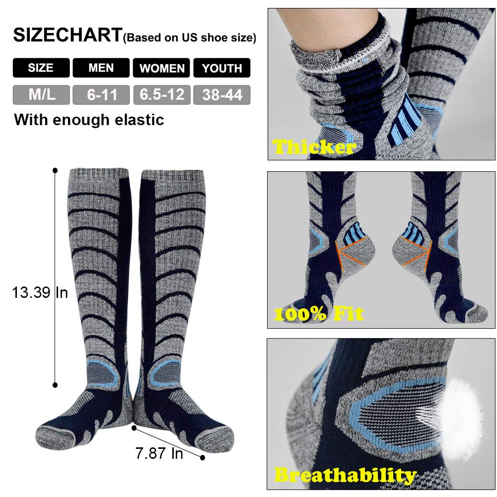 Ski Socks for Men Women Snowboard Socks Skiing Calf Socks Winter Long Socks with Merino Wool Winter Sports Socks 2 Pair