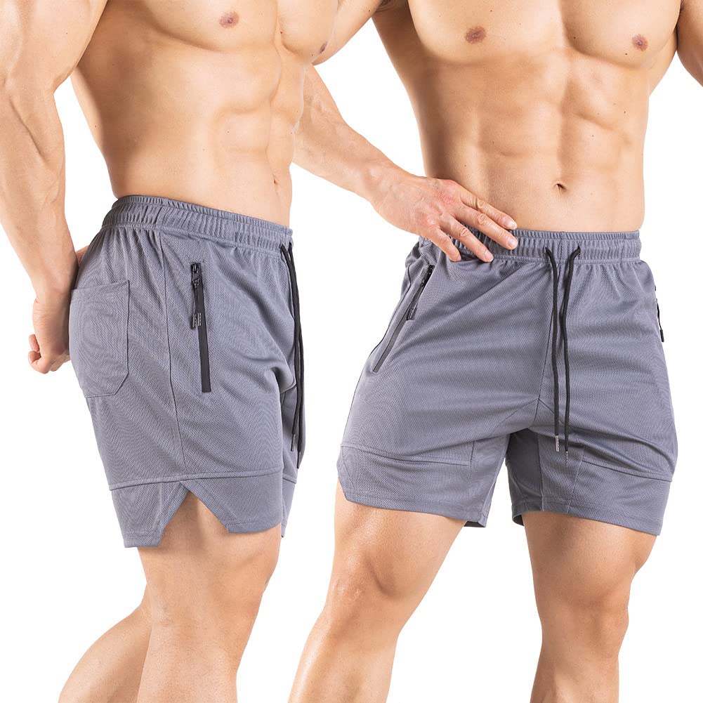 VPOS Men's 5" Gym Workout Shorts with Zipper Pockets,Dry Fit Mens Mesh Athletic Shorts for Running Bodybuilding and Training Black/Gray,Medium