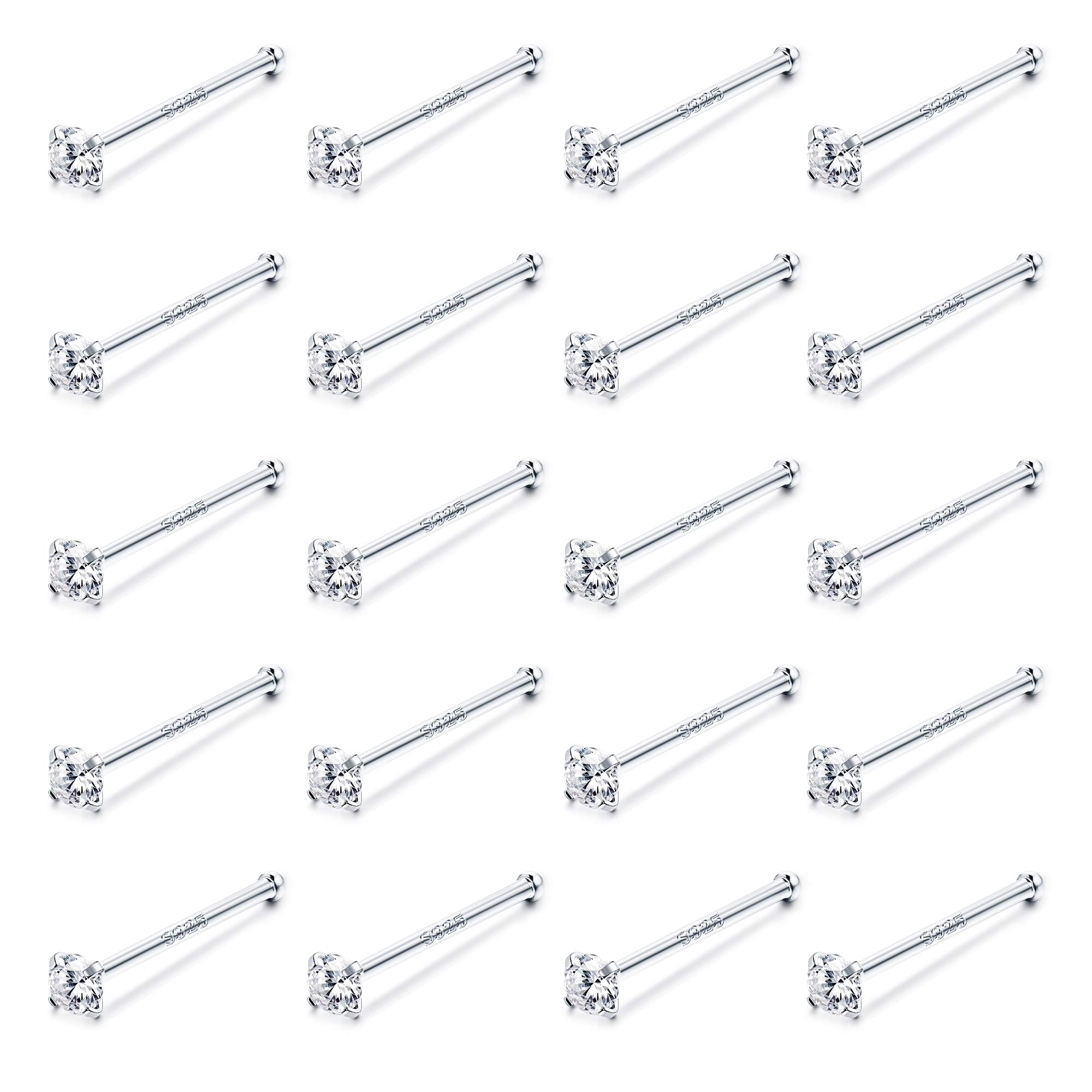 Sllaiss 20Pcs Sterling Silver Nose Studs for Women Men Inlaid 2mm Czech Crystals 925 Silver 20G Cartilage Piercing