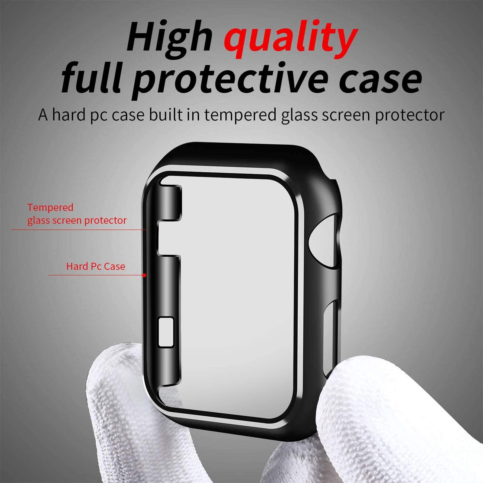 Smiling Case Compatible with Apple Watch Series 3 & Series 2 38mm with Built in Tempered Glass Screen Protector- All Around Hard PC Case Overall Protective Cover - Black