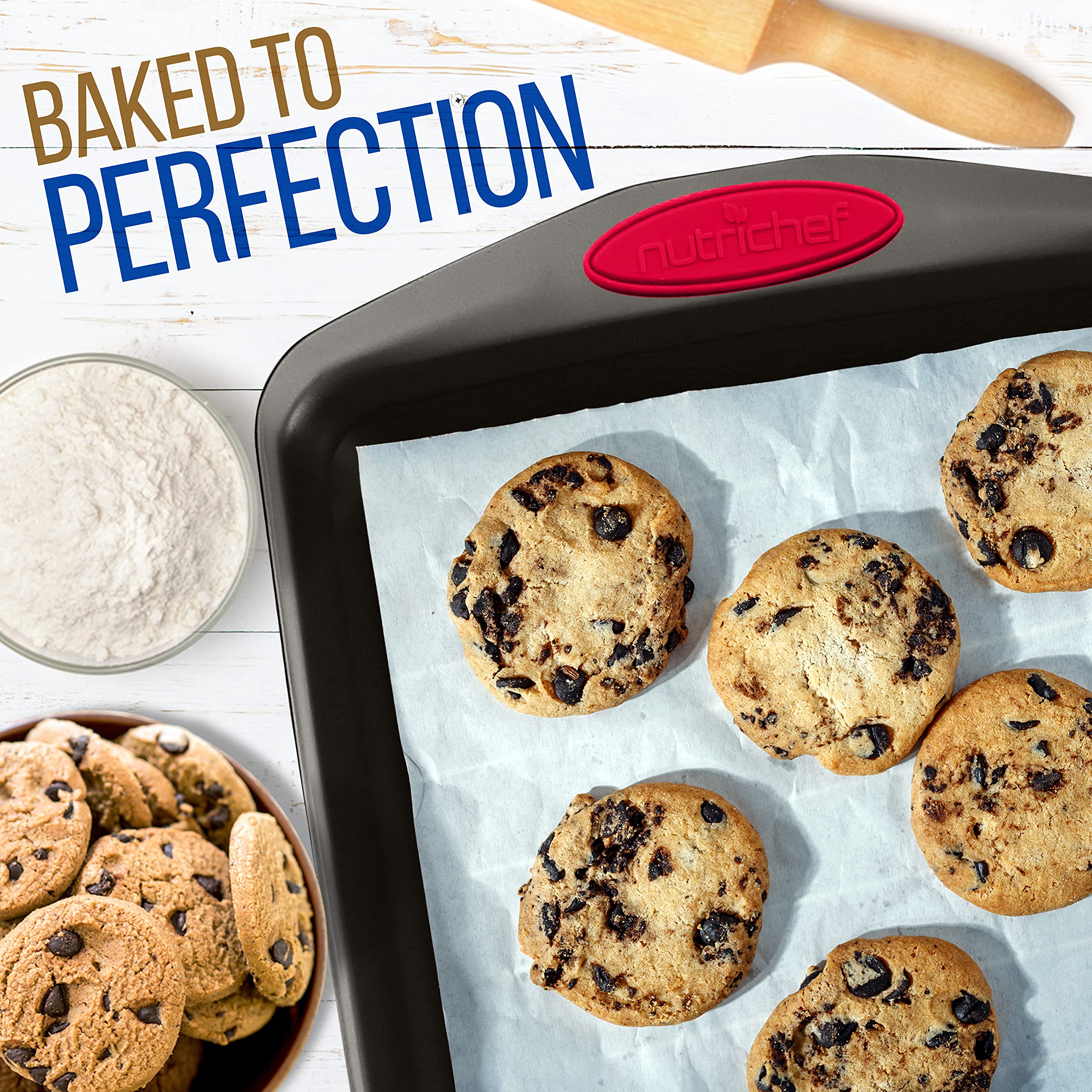 NutriChef 3-Piece Baking Pan Set - Premium Nonstick Carbon Steel Bakeware w/ Silicone Handles - Includes Large, Medium, & Small Pans for Baking & Roasting - PFOA, PFOS, PTFE Free - Gold