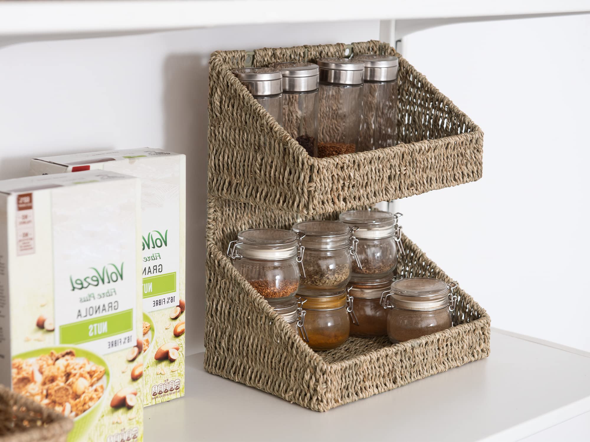 StorageWorks 2-tier Seagrass Basket, Handwoven Wicker Basket for Organizing, Kitchen Countertop Organizer, Wicker Storage Basket for Bathroom, Pantry, 1 Pack