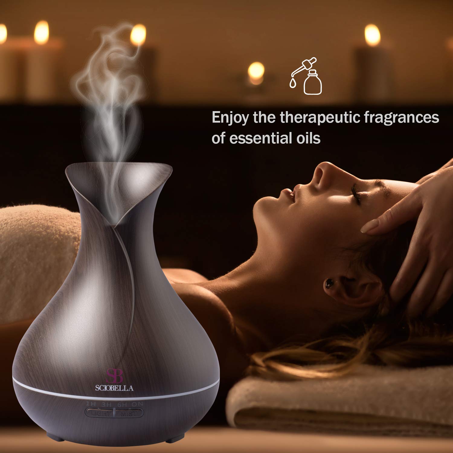 Sciobella Essential Oil Diffusers for Large Room Wood Grain Ultrasonic Aromatherapy Electric Pure Air Diffuser Home Office Desk Baby Room Spa 500ml Big Water Tank 2-Mist 1H/3H/6H/On Auto Shutoff