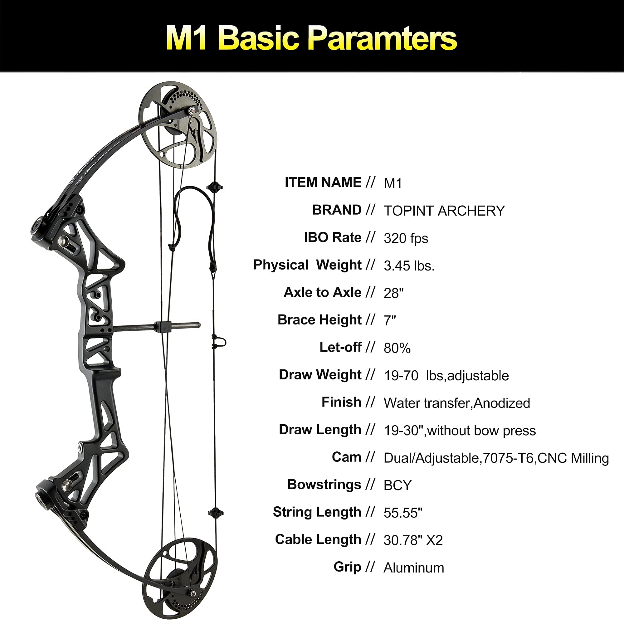 TOPOINT ARCHERY Compound Bow Package M1, 19”-30” Draw Length,19-70Lbs Draw Weight,320fps IBO,Gordon Composites Limbs,Limbs Made in USA (Black)