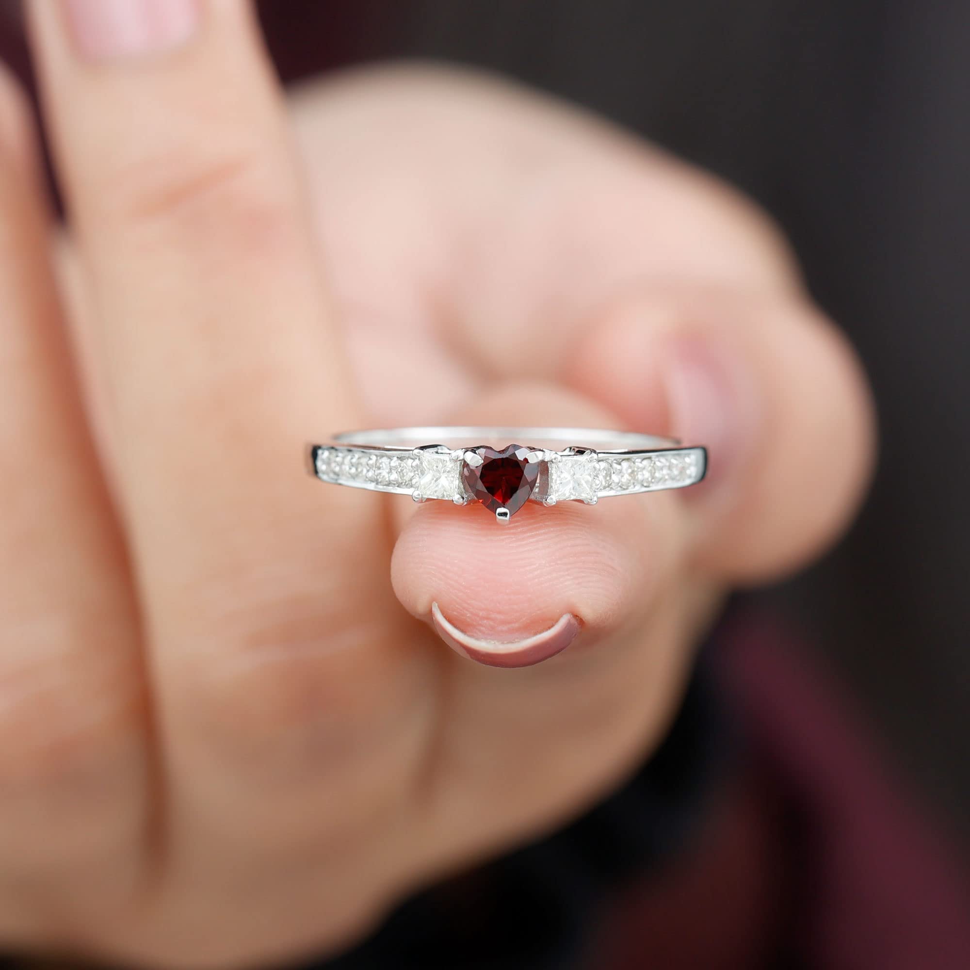 Rosec Jewels 0.75 Cttw Heart Garnet Anniversary Ring with Diamond for Women (AAA Quality), 14K White Gold, Size:US 9.00