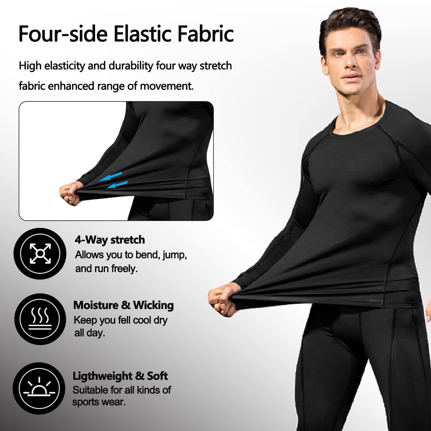 WRAGCFM Men's Long Sleeve Compression Shirts, Athletic Running T-Shirt Cool Dry Workout Base Layer Top(Black,L)