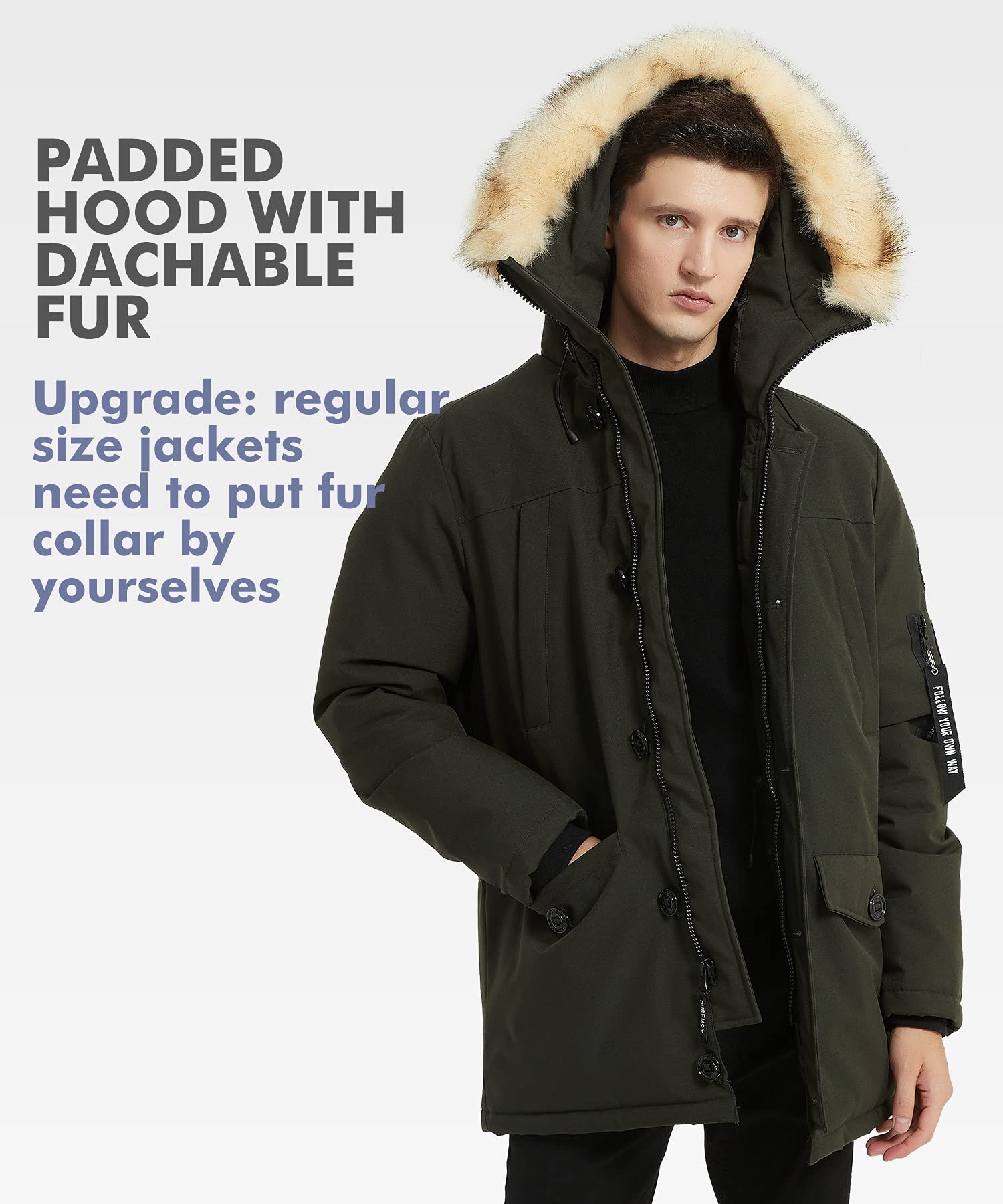 PUREMSX Winter Parka for Men, Warm Thick Fur Hooded Long Padded Puffer Coat Spring Ski Travel Jacket Gift,Khaki,Large