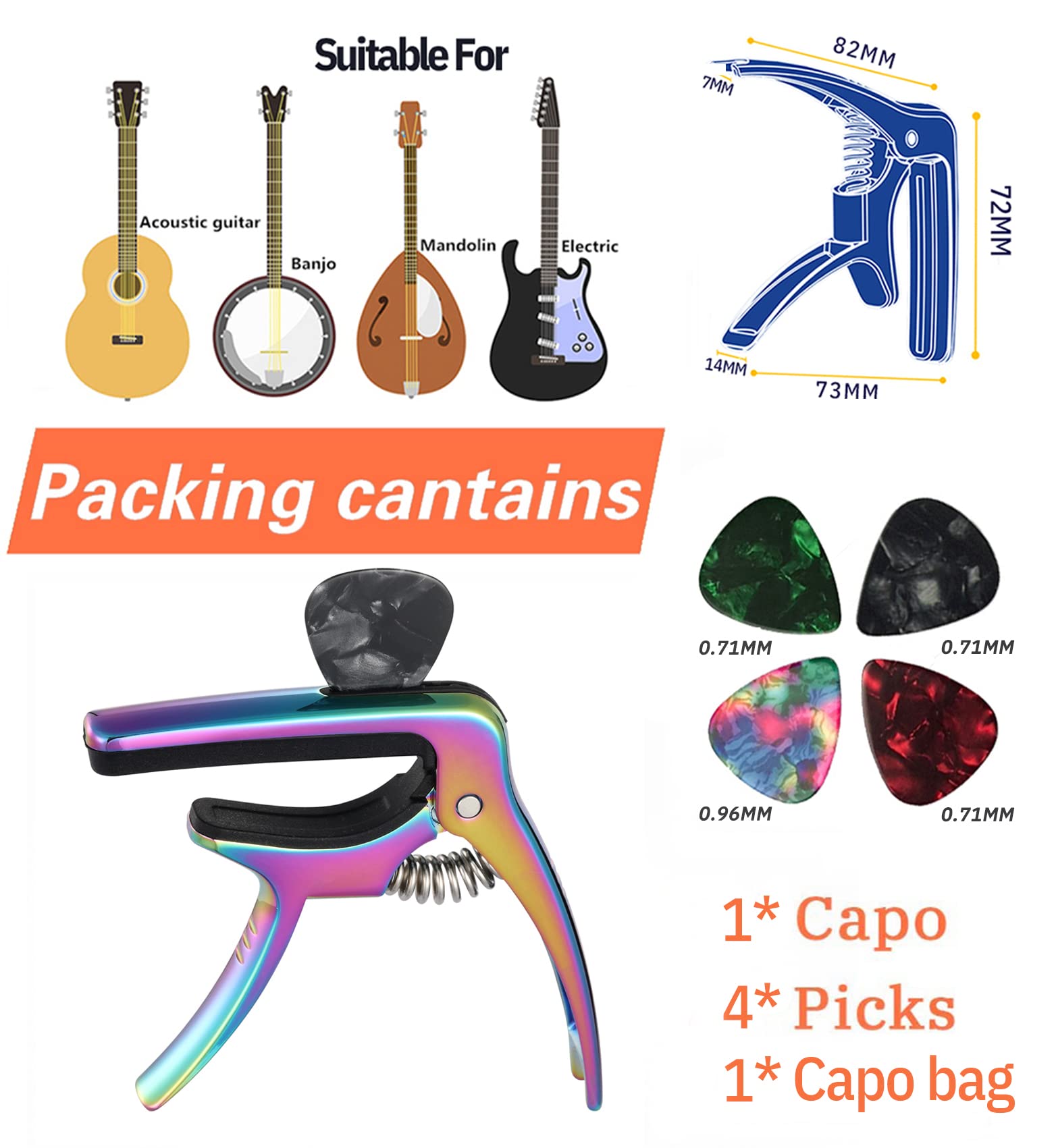 TANMUS 3in1 Guitar Capo for Acoustic and Electric Guitars(with Pick Holder and 4Picks),Guitar Accessories (MC-021)