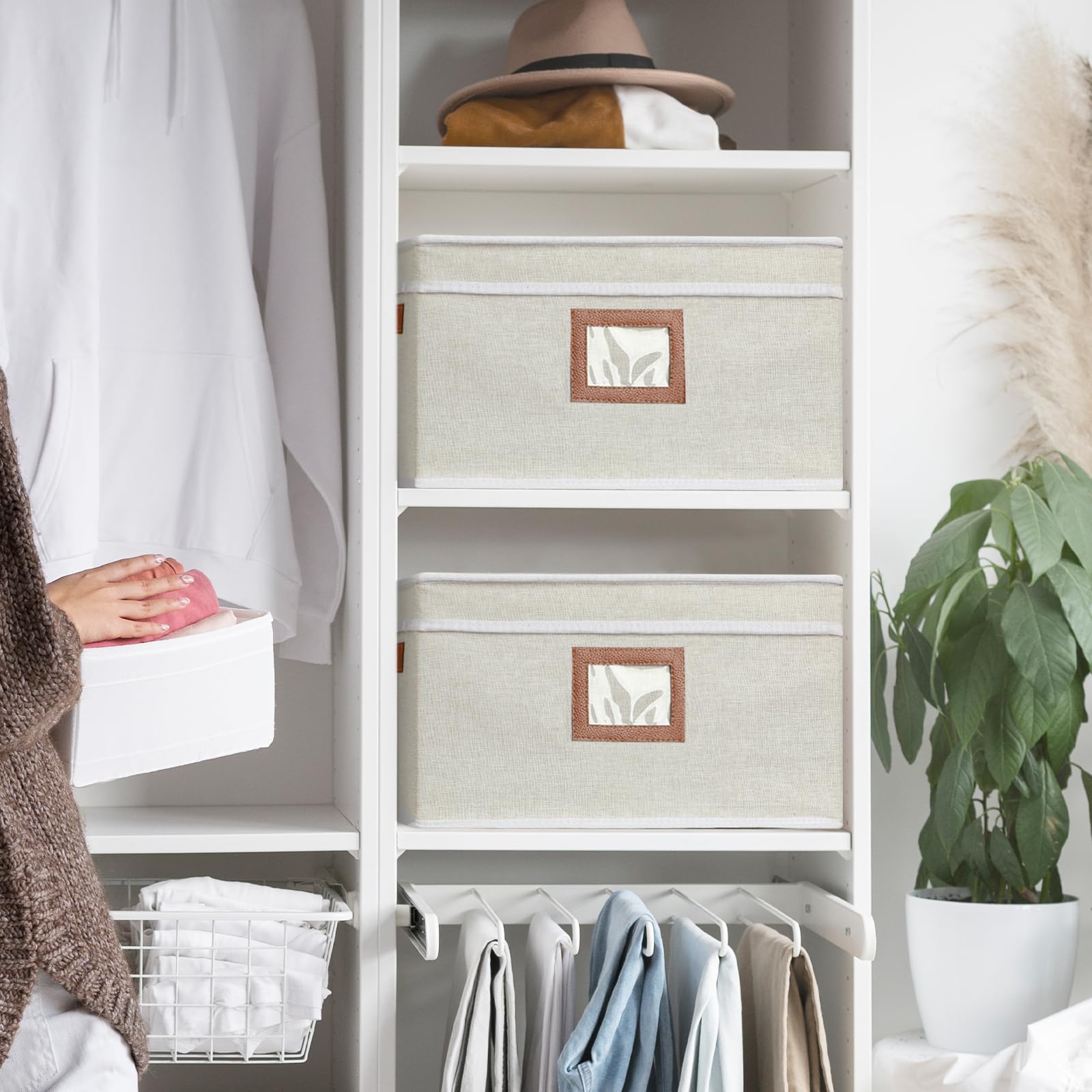Storage Boxes with Lids, 3 Pack Fabric Collapsible Storage Organizer Container with Leather Handle, 15.25 x 10.75 x 8.25 inch Rectangular Storage Bins Baskets for Shelves Home Nursery, Ivory White