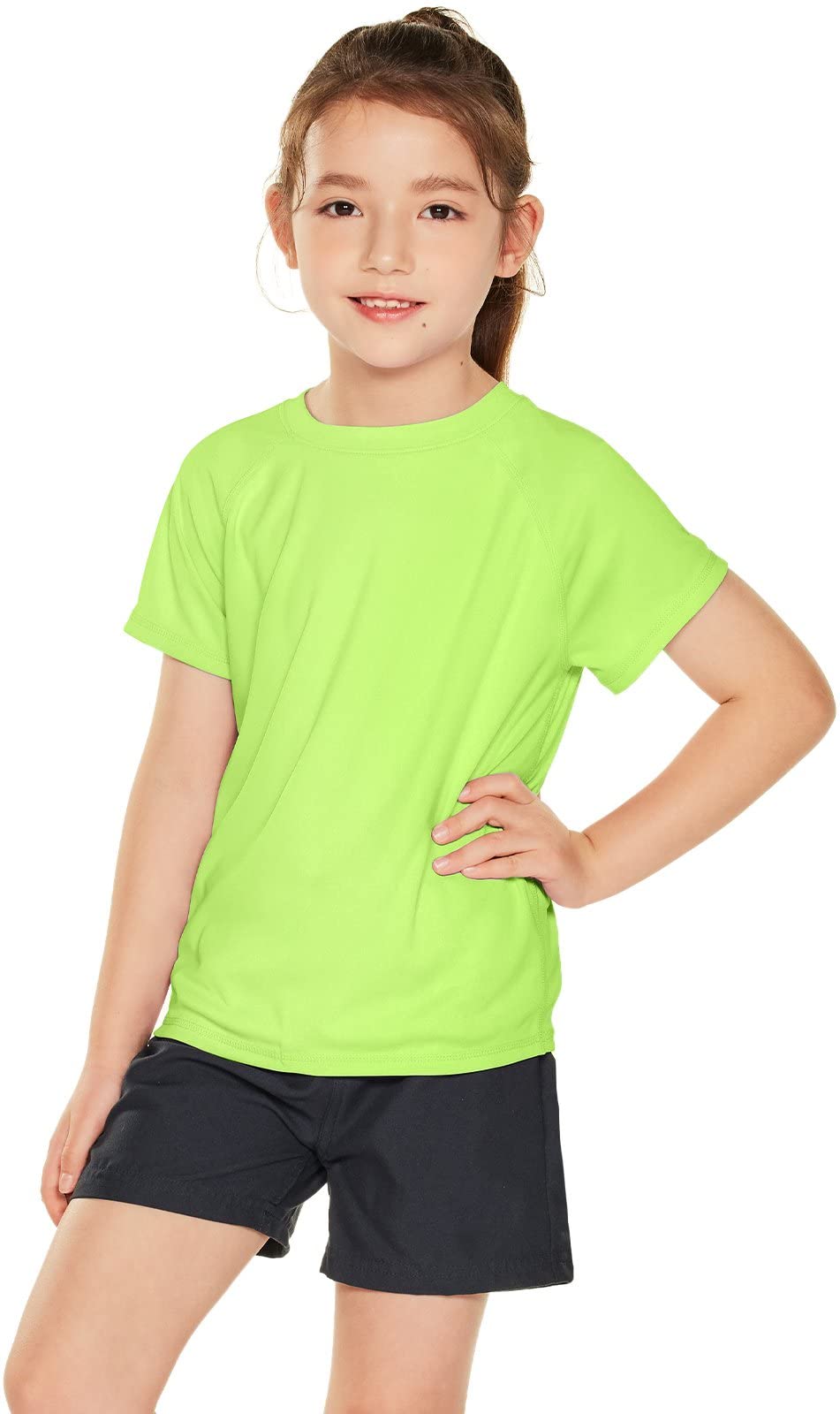 TSLA Youth Kids UPF 50+ Short Sleeve, Aqua Water Swimsuit Top, UV/SPF Surf Swim Shirt, Swim Shirt Lime, 8