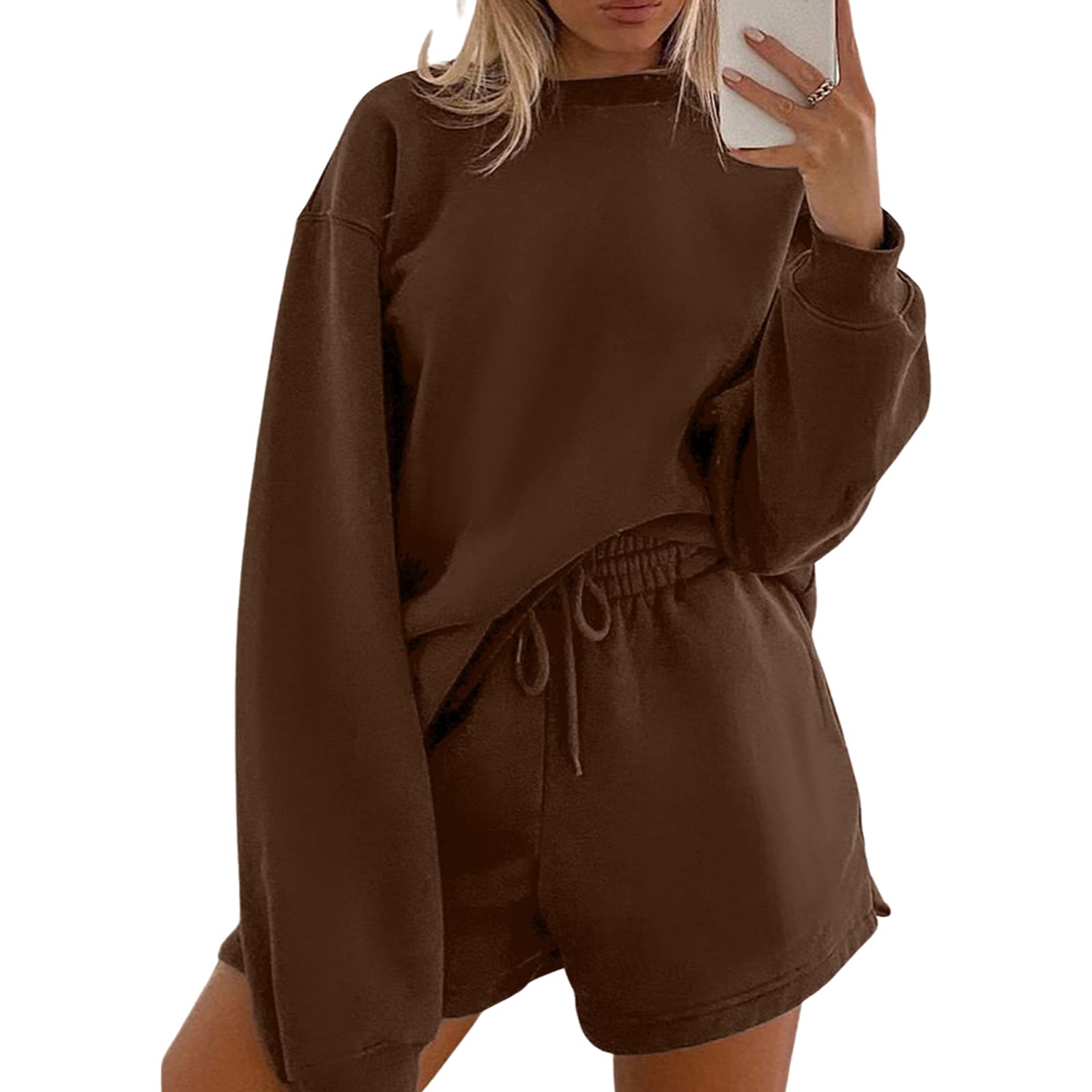 Tsnbre Womens Short Sets 2 Piece Outfits Long Sleeve Solid Pullover Sweatshirt + Loose Sweat Shorts Set (Brown, Large)