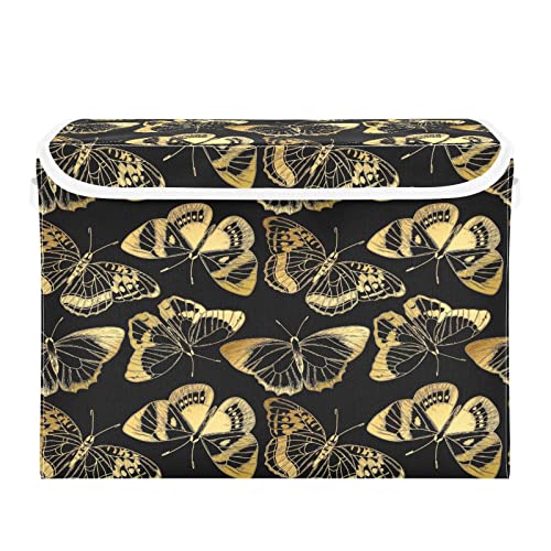 SDMKA Beautiful Gold Butterflies Storage Bins with Lids Foldable Storage Cube Boxes Fabric Storage Organizer Basket for Home, Bedroom, Office, Closet (16.5x12.6x11.8)